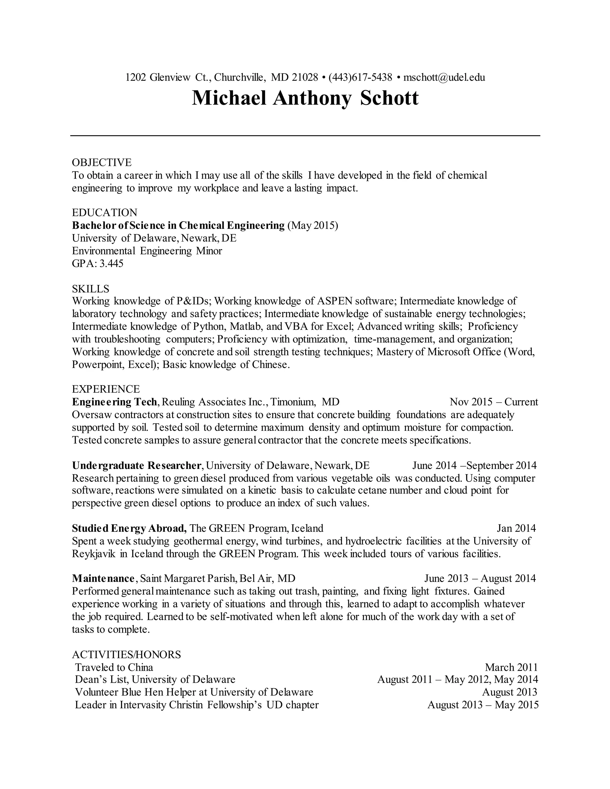 Schott, Michael - Resume | DOCX | Chemistry | Science