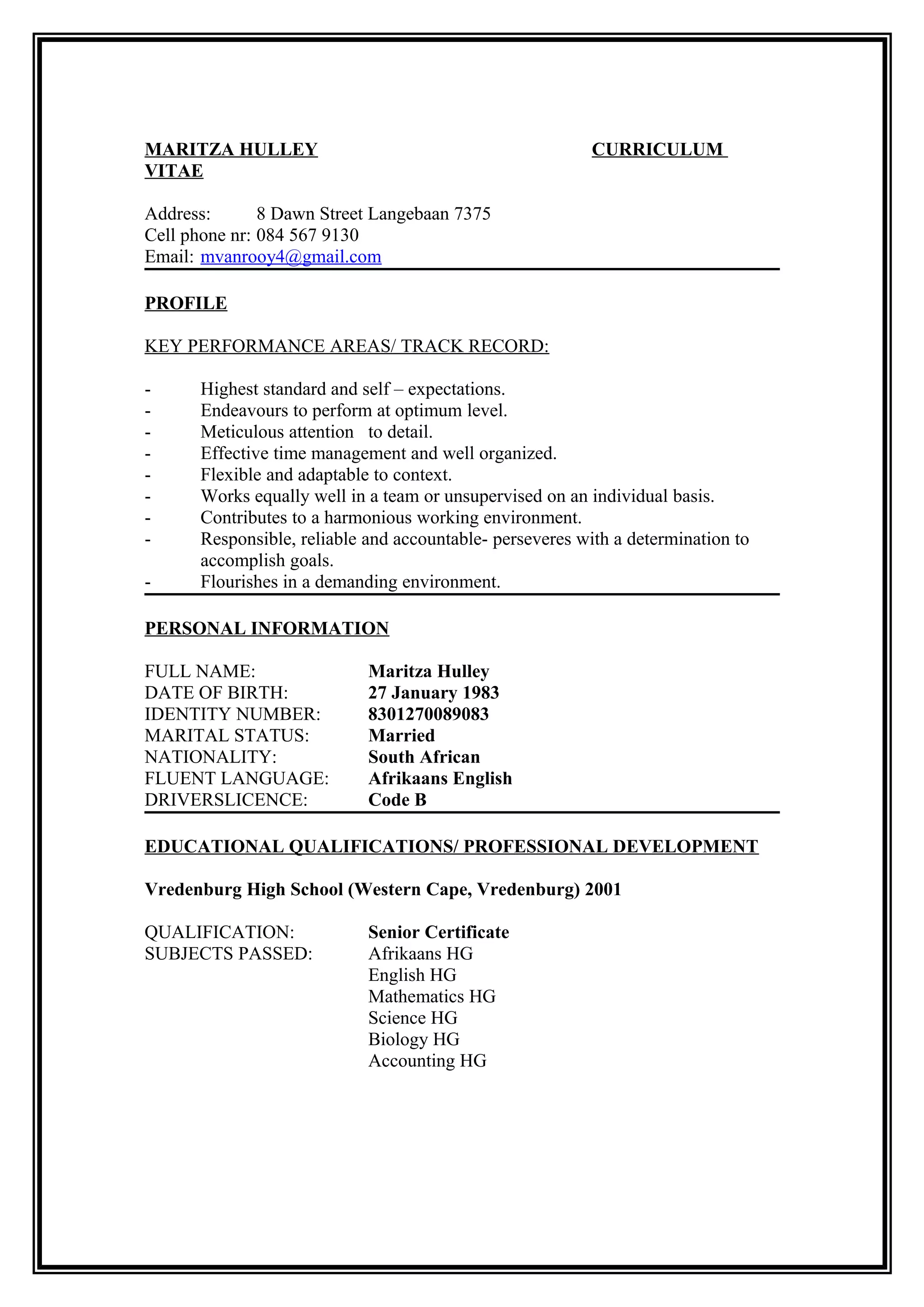MARITZA HULLEY CURRICULUM VITAE | DOC | Medical Health