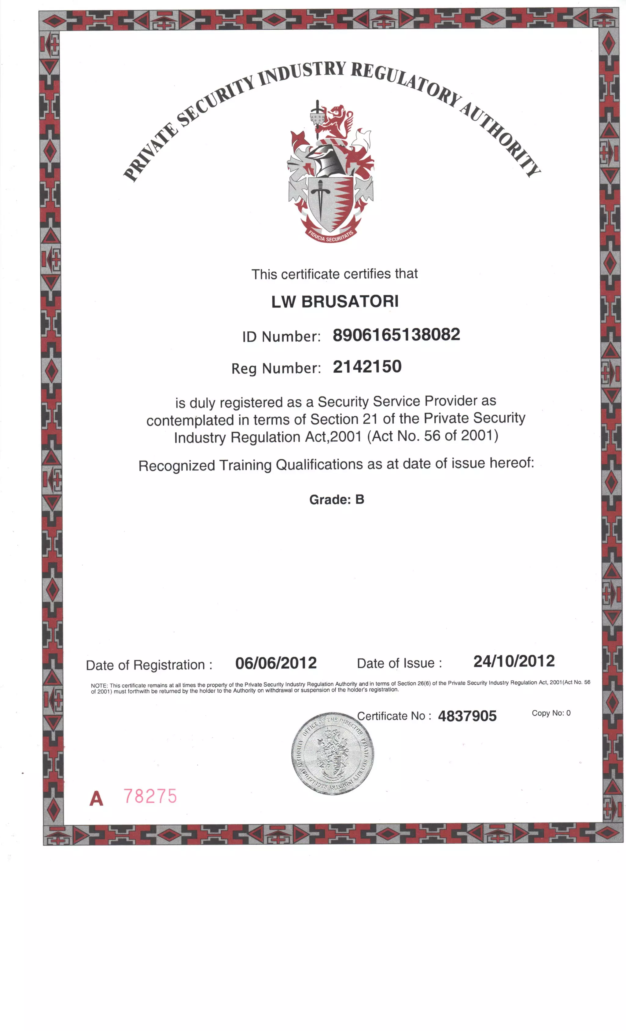 PSIRA Certificate Luke | PDF