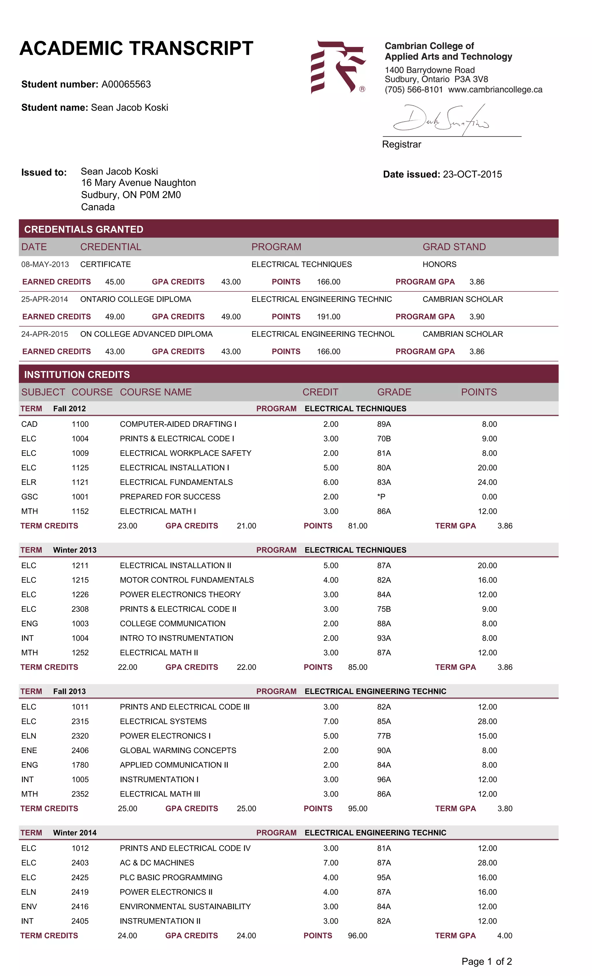 Sean Koski - College Transcript | PDF