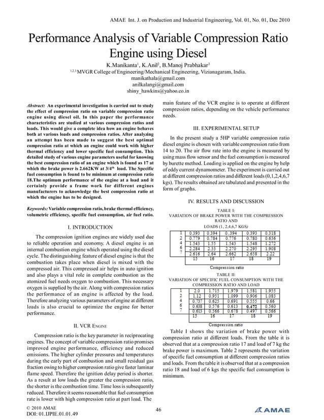 Performance Analysis of Variable Compression Ratio Engine using Diesel | PDF