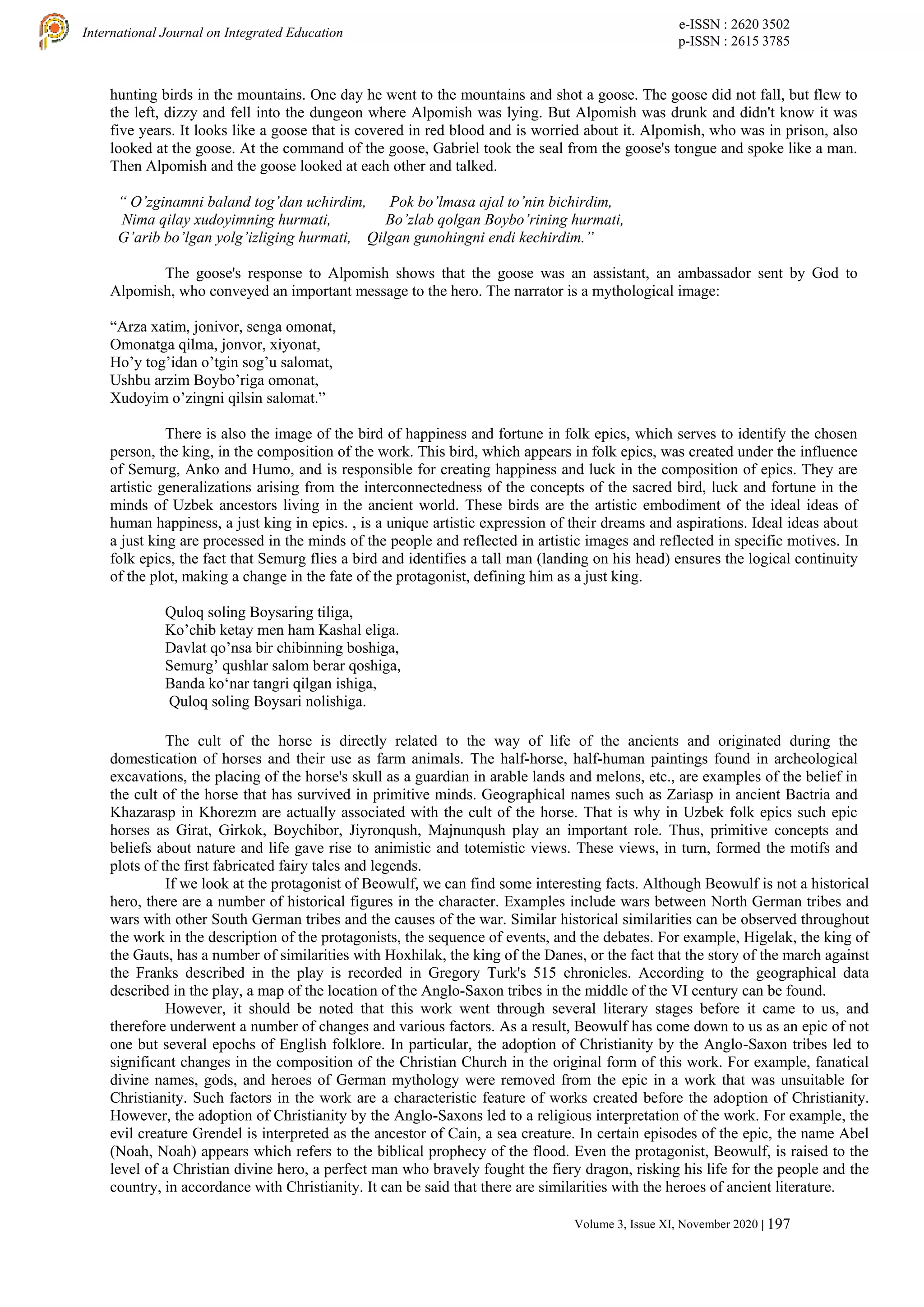 Positive and negative features of mythological images in the epics “Beowulf” and “Alpomish” | PDF