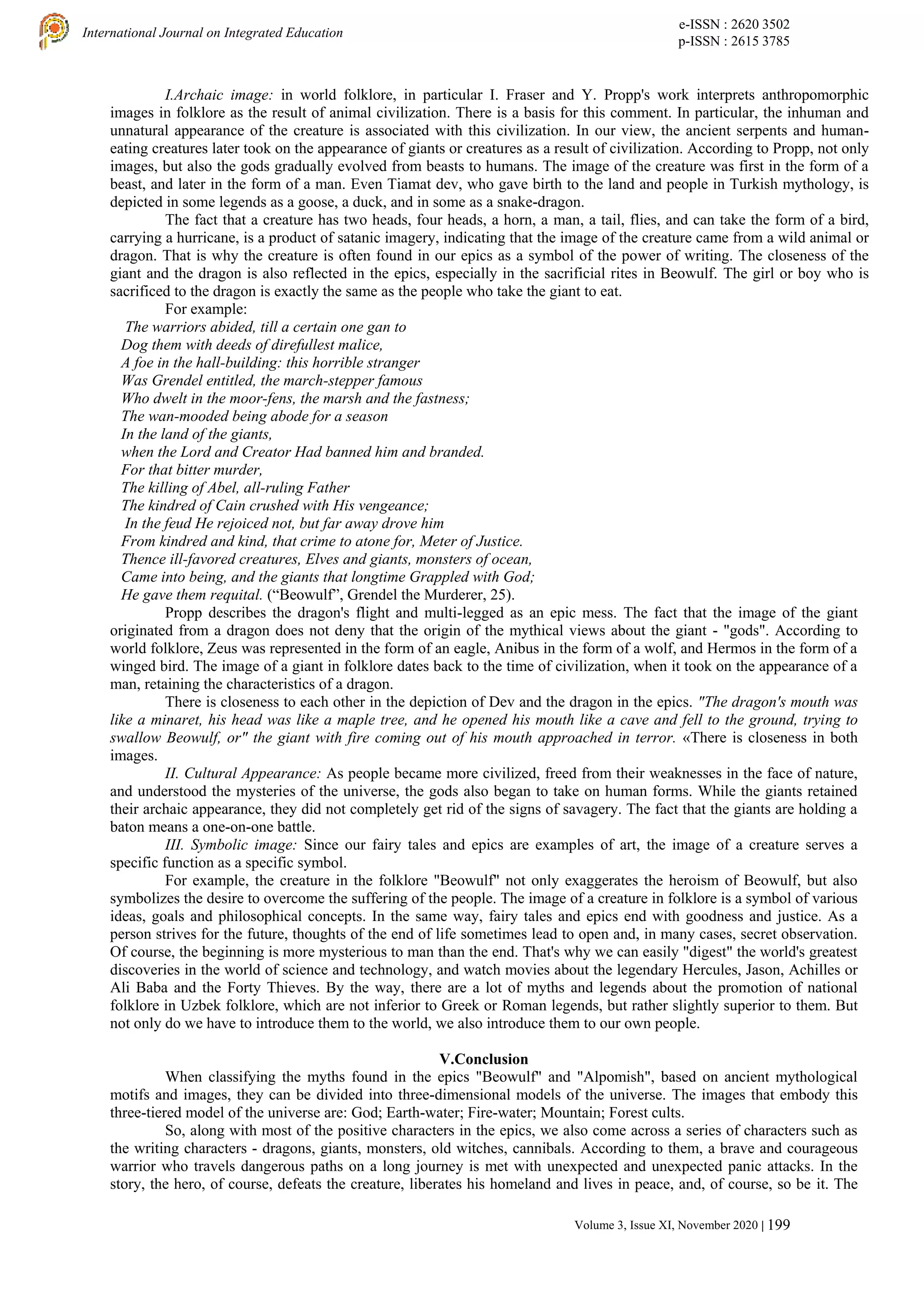 Positive and negative features of mythological images in the epics “Beowulf” and “Alpomish” | PDF