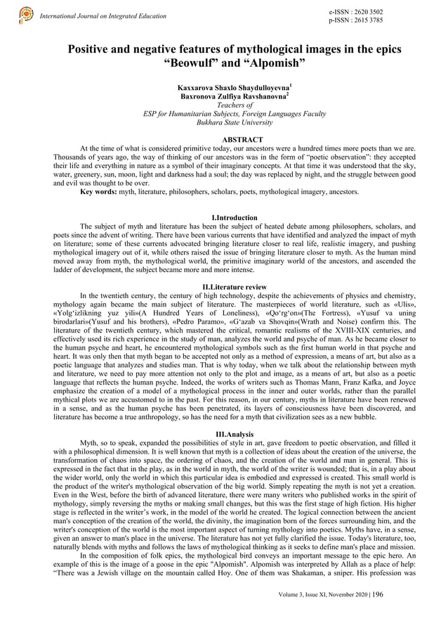 Positive and negative features of mythological images in the epics “Beowulf” and “Alpomish” | PDF