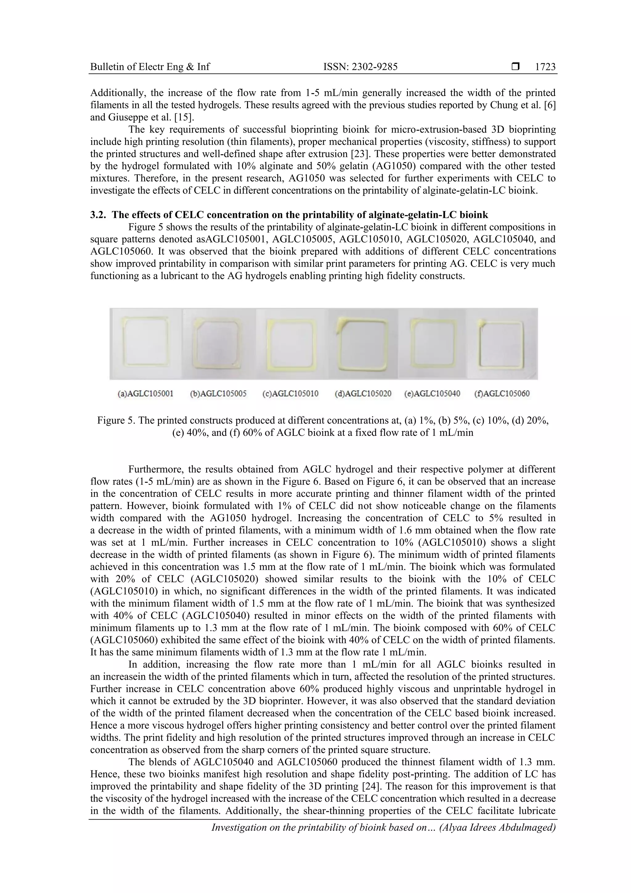 Investigation on the printability of bioink based on alginate-gelatin hydrogel and liquid ...