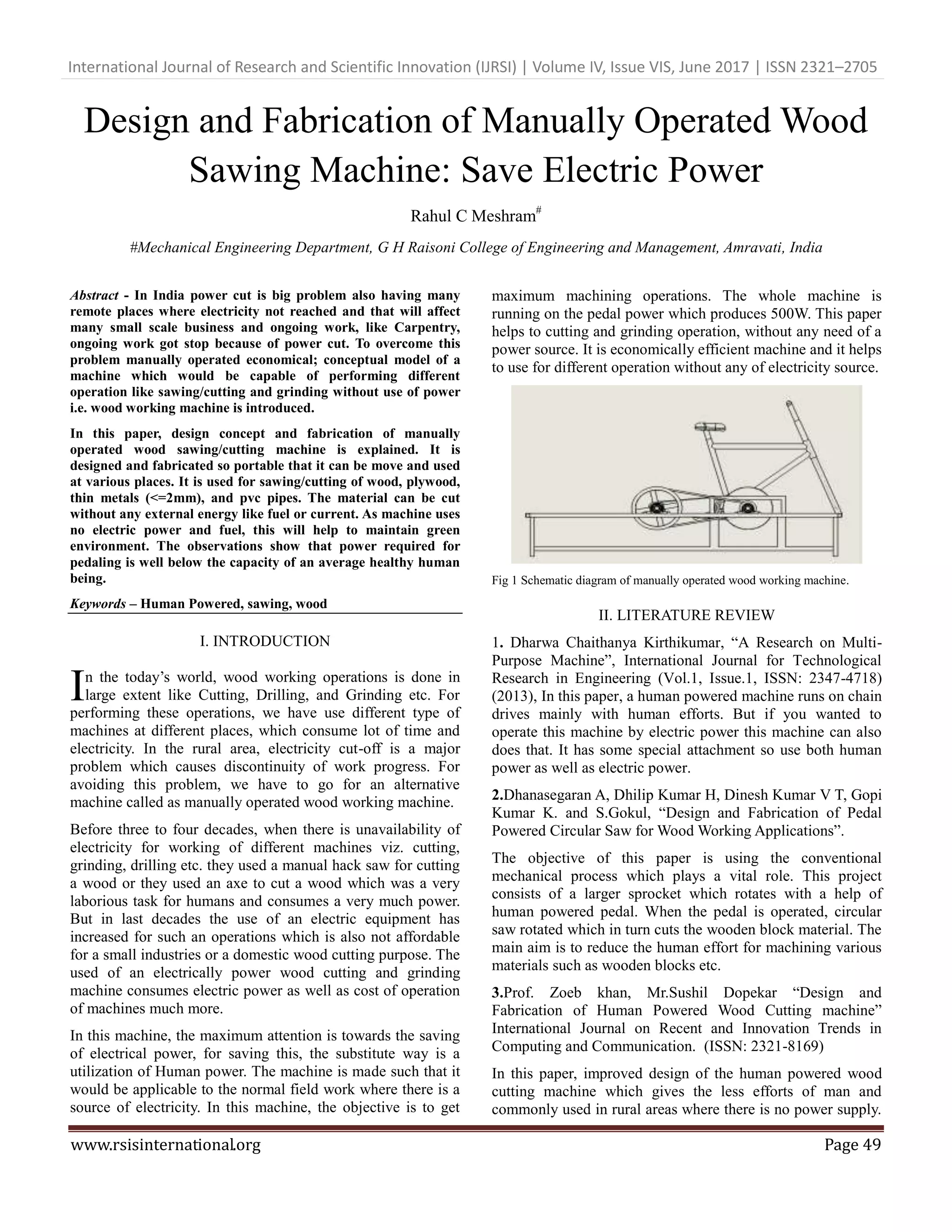Design and Fabrication of Manually Operated Wood Sawing Machine: Save ...