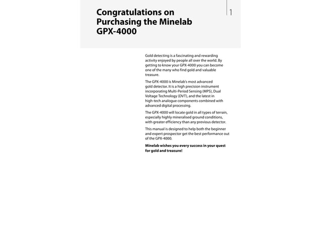Quick Start Guide Minelab GPX-4000 Metal Detector English Language 4901 ...