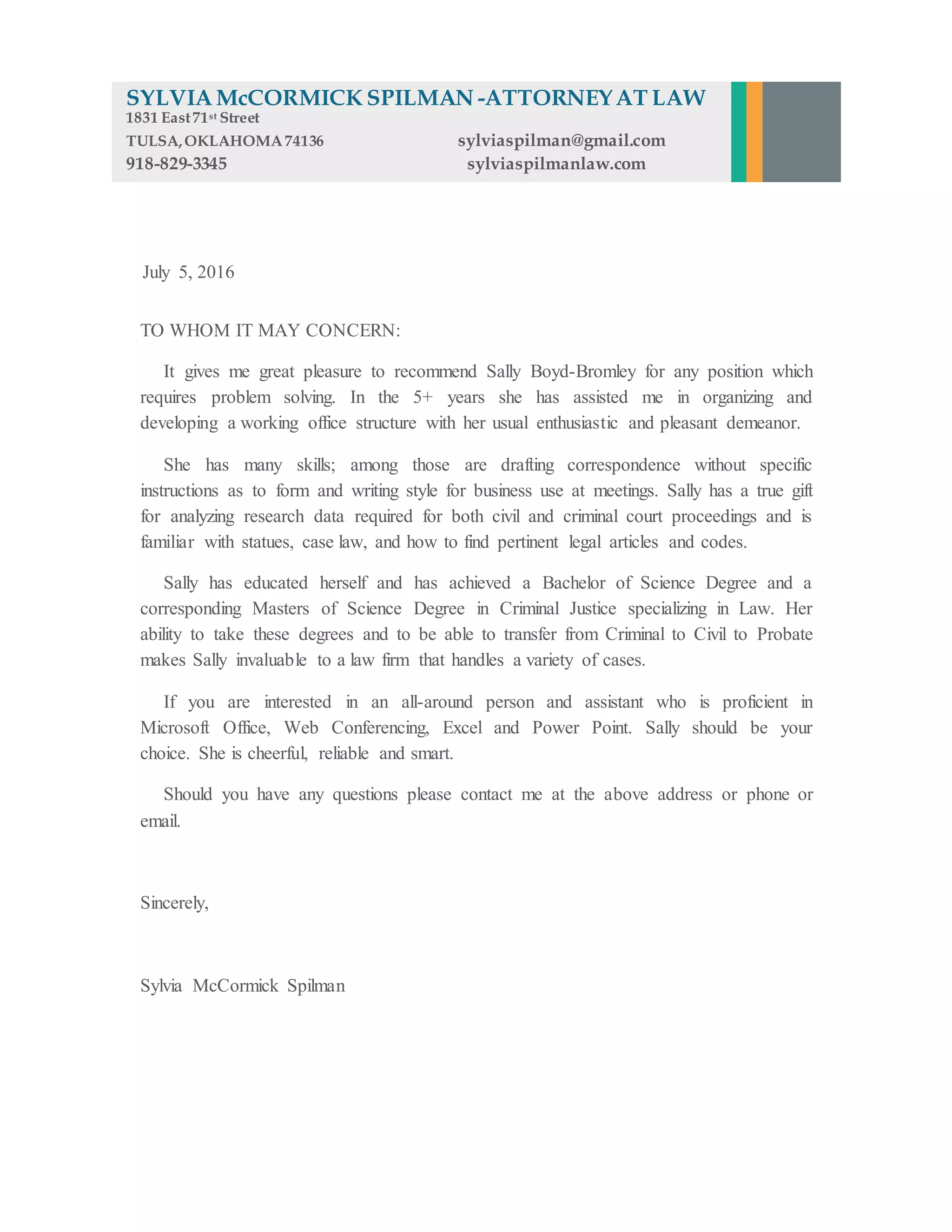 Letter of Recommendation Attorney At Law Sylvia McCormack Spilman | PDF