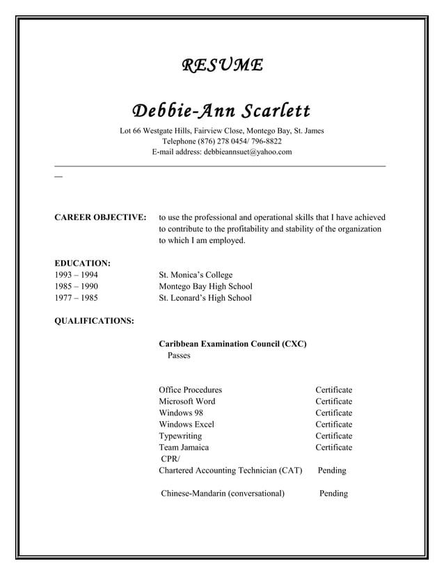 DEBBIE+RESUME (1) | DOC | Hotels and Motels | Travel Type