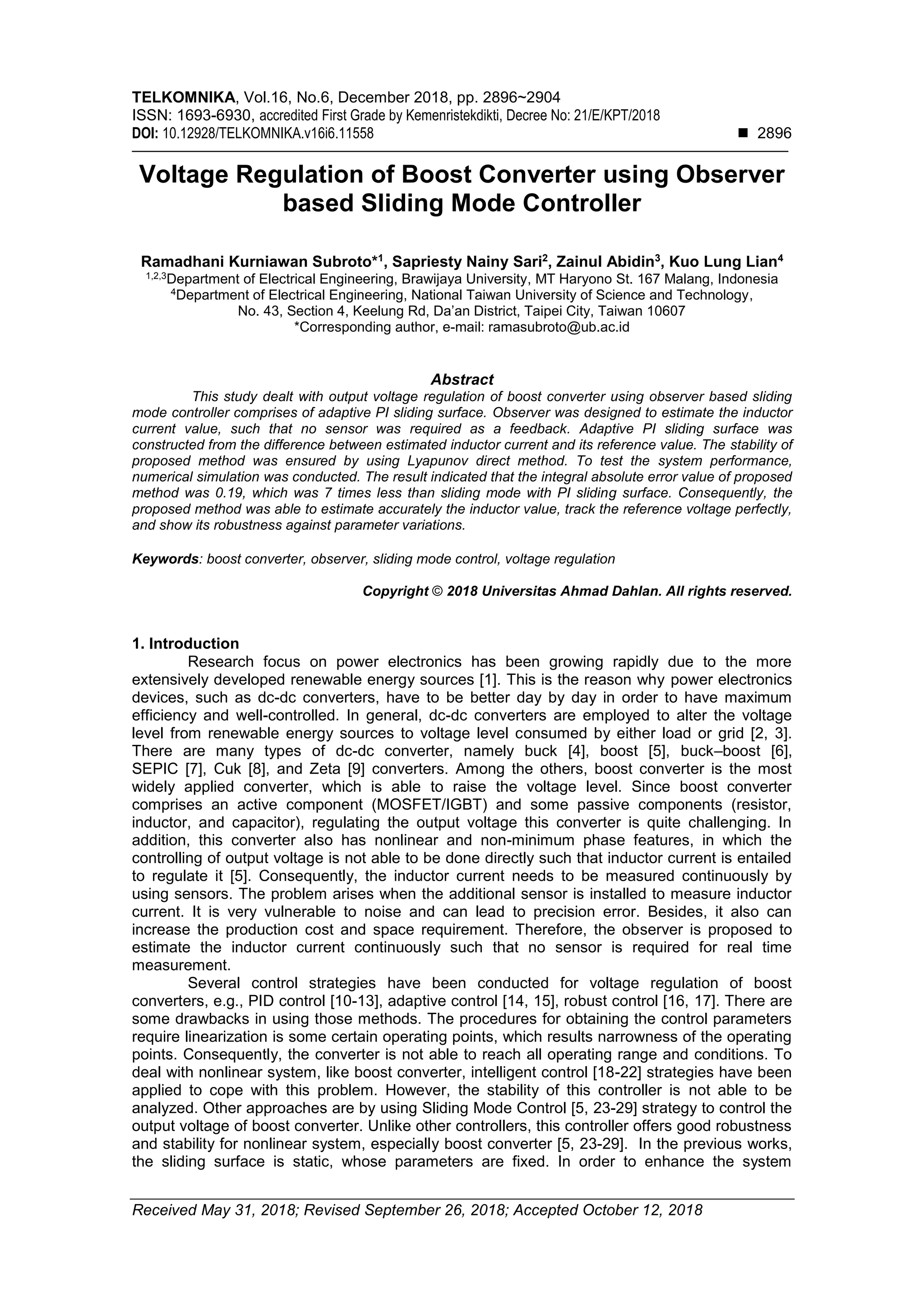Voltage Regulation of Boost Converter using Observer based Sliding Mode Controller | PDF