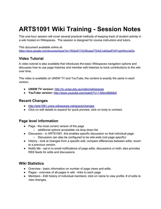 ARTS1091 Wiki Training Session Notes | PDF | Web Development | Internet