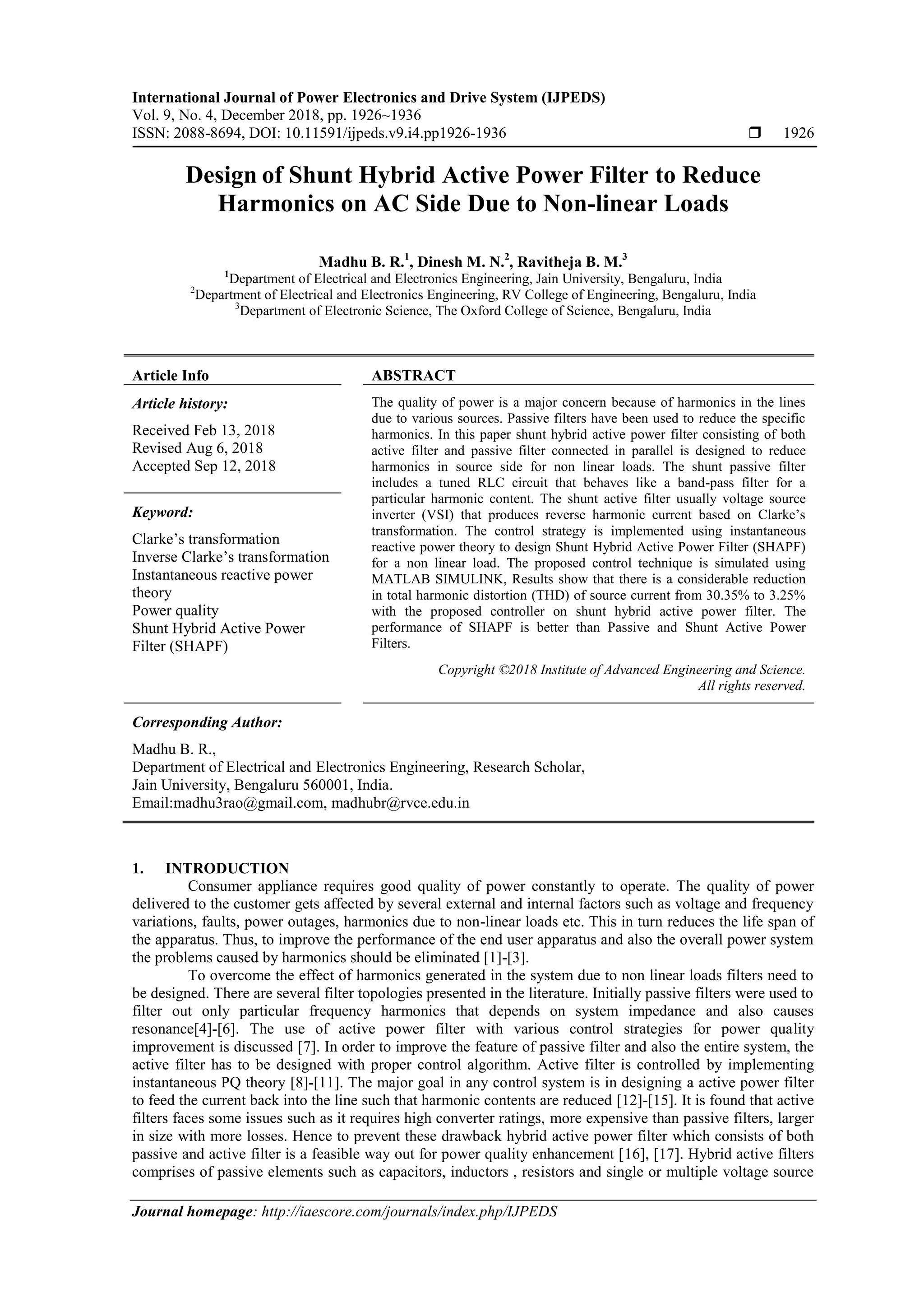 Design of Shunt Hybrid Active Power Filter to Reduce Harmonics on AC Side Due to Non-linear ...