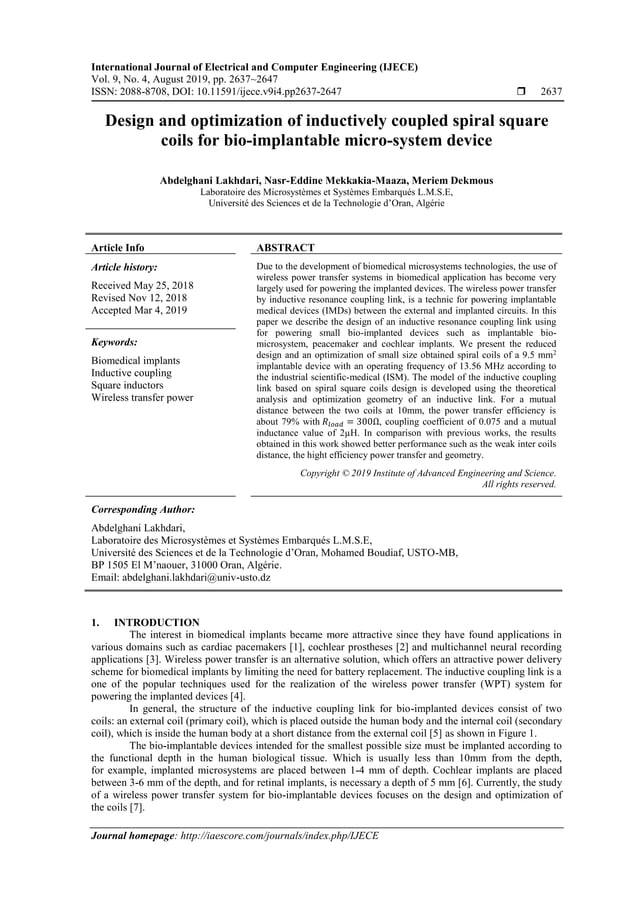 Design and Optimization of Inductively Coupled Spiral Square Coils for Bio-Implantable Micro ...
