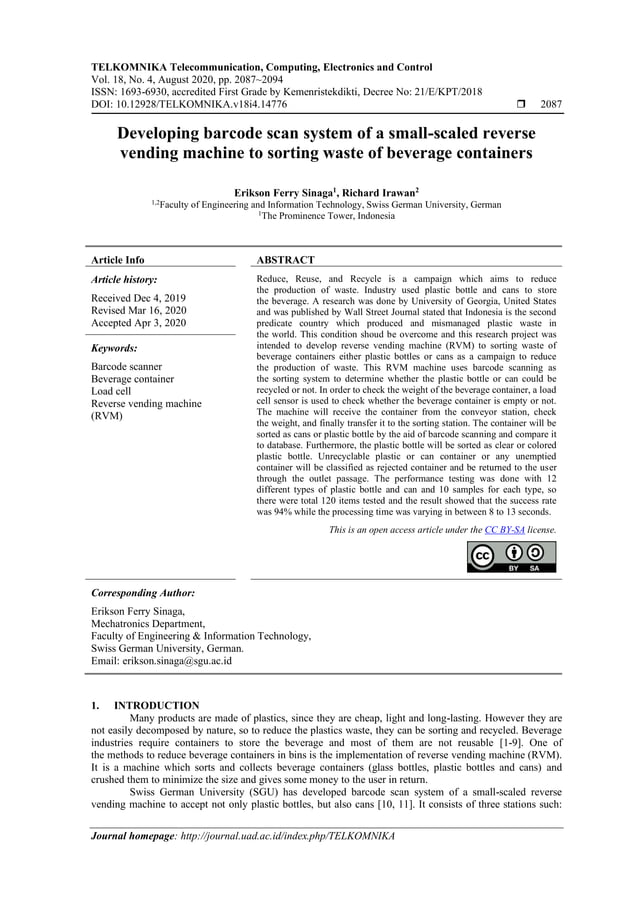 Developing barcode scan system of a small-scaled reverse vending ...