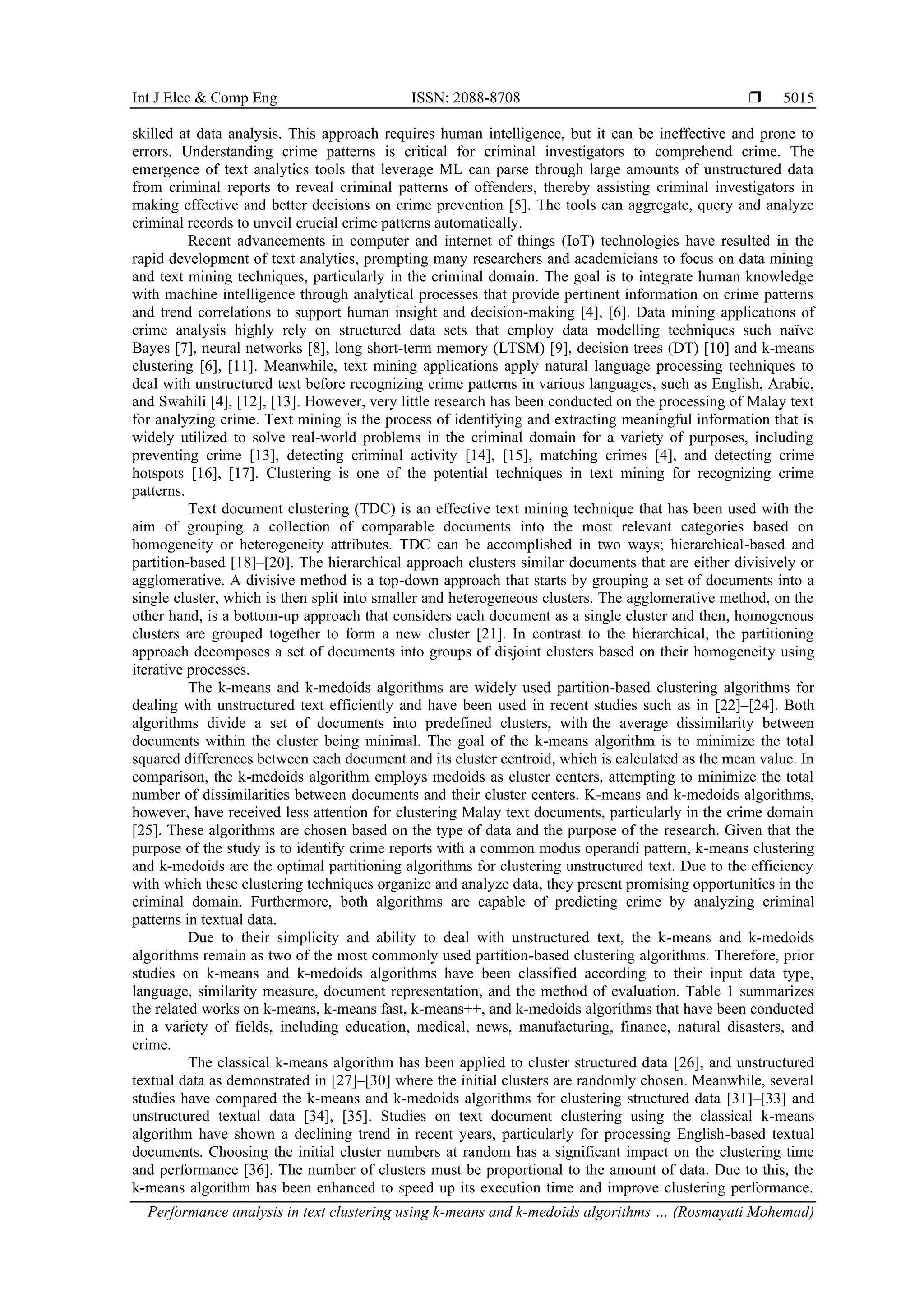 Performance analysis in text clustering using k-means and k-medoids algorithms for Malay crime ...