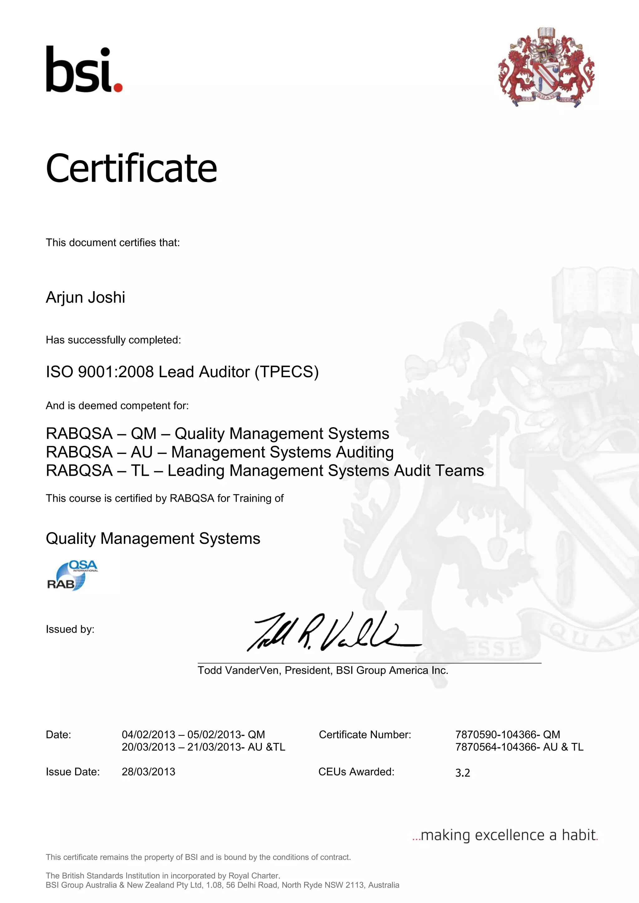 QM Lead Auditor Certificate | PDF