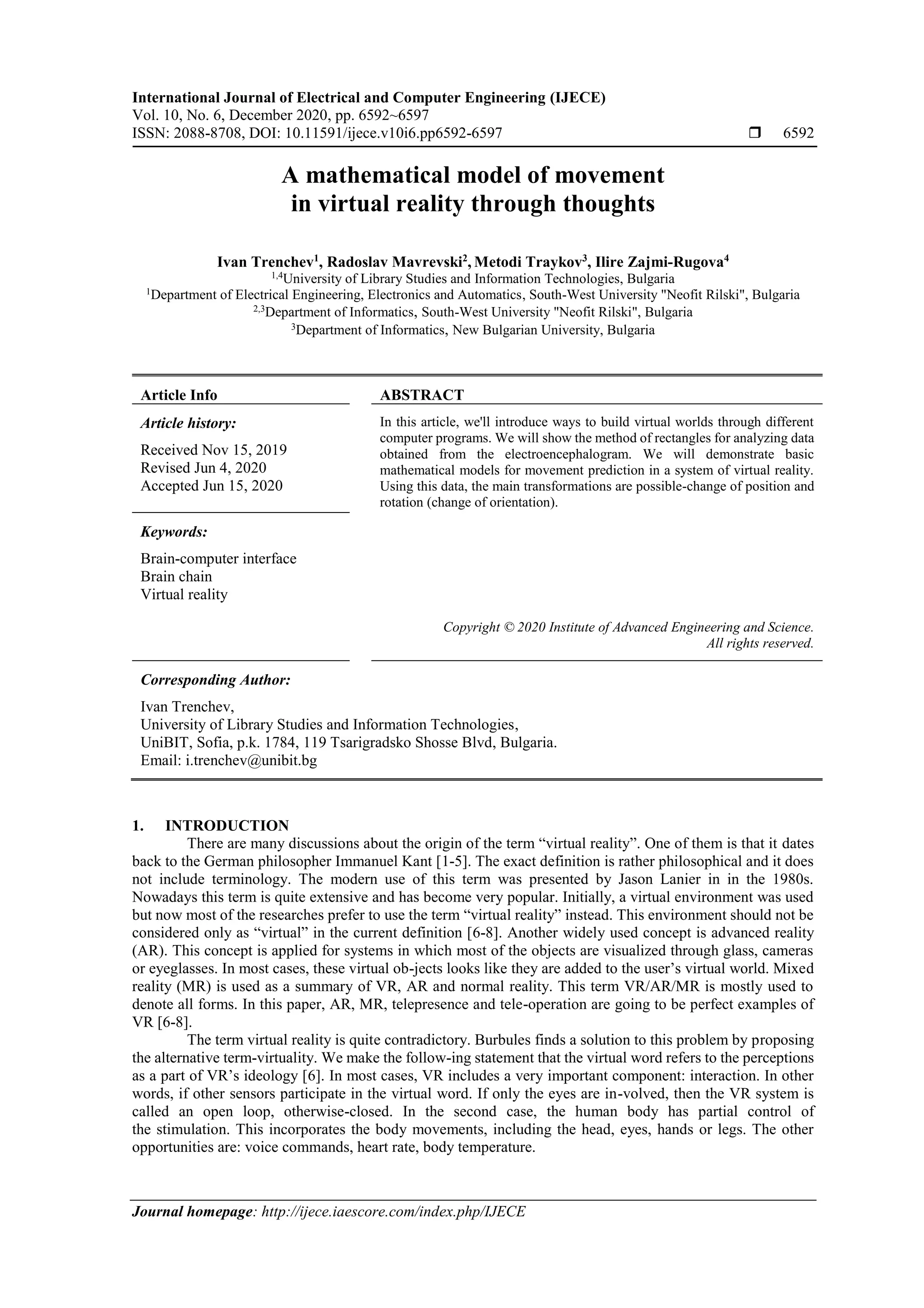A mathematical model of movement in virtual reality through thoughts | PDF