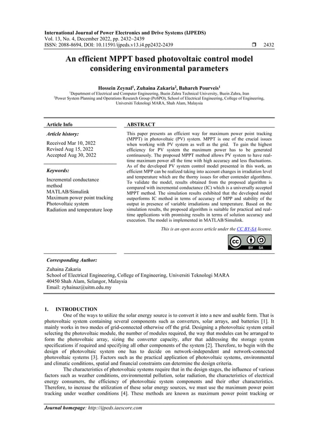 An efficient MPPT based photovoltaic control model considering environmental parameters | PDF