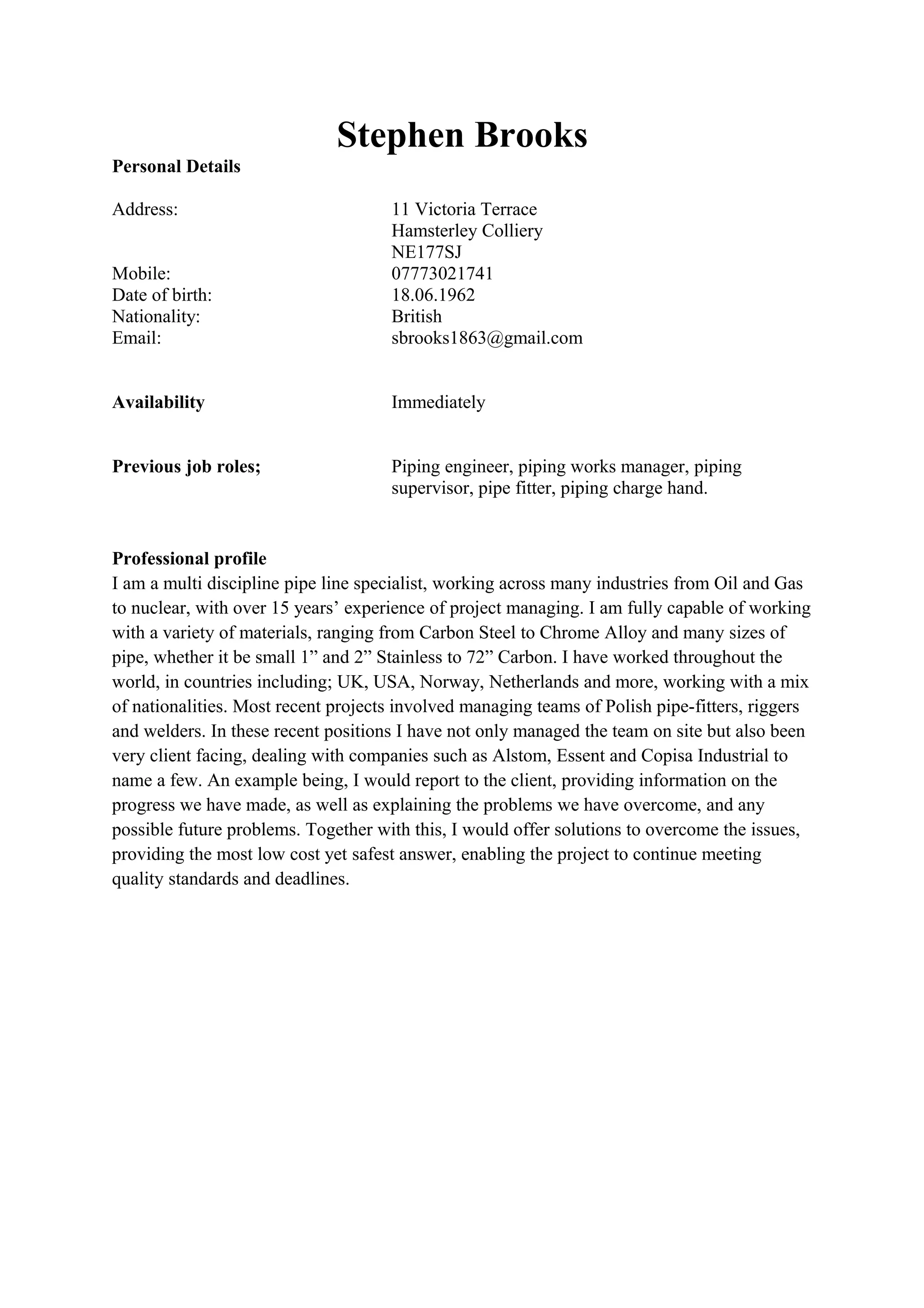 Stephen Brooks CV | DOC