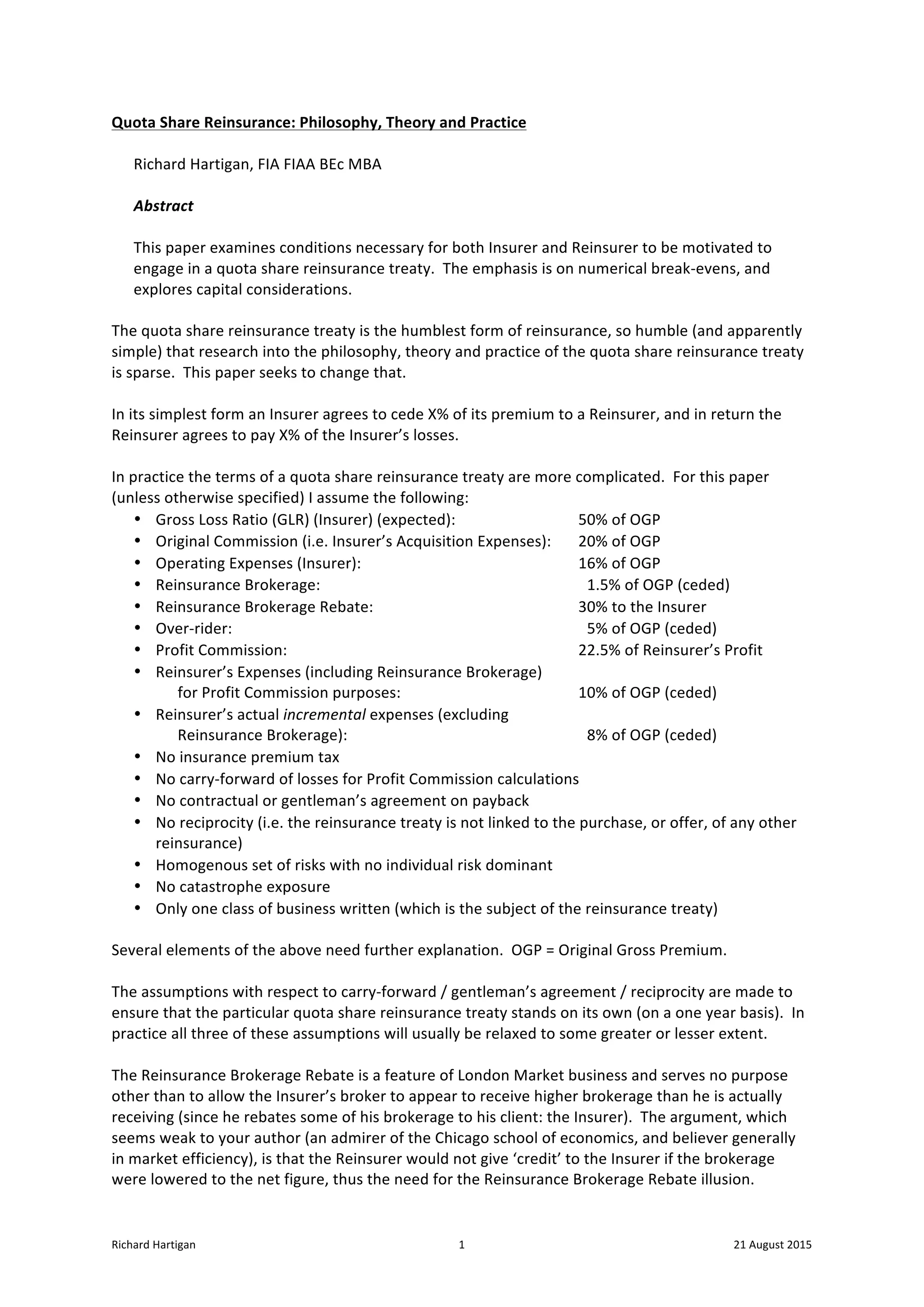 Quota share reinsurance: philosophy, theory, and practice | PDF