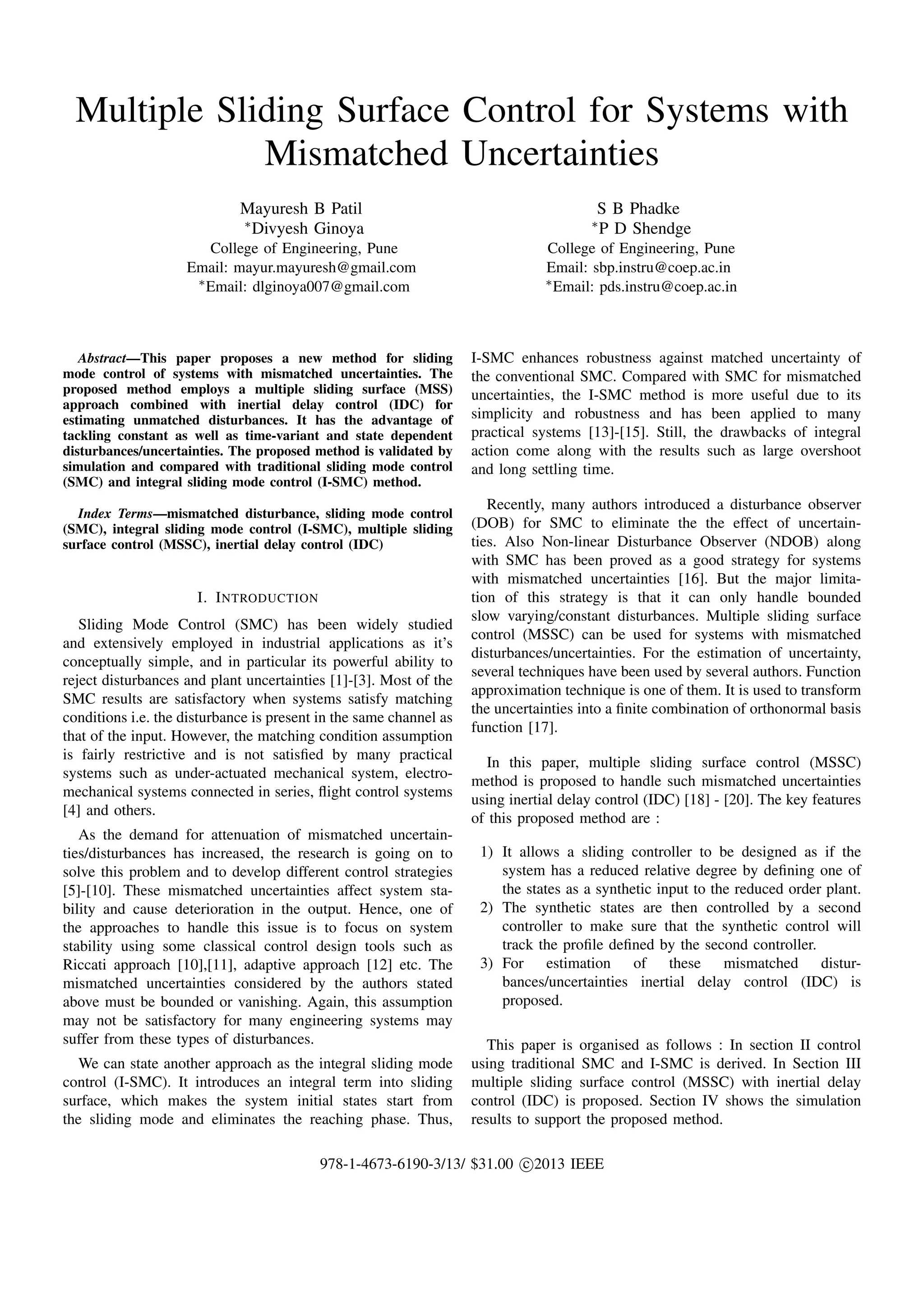 Multiple Sliding Surface Control for Systems with Mismatched Uncertainties | PDF