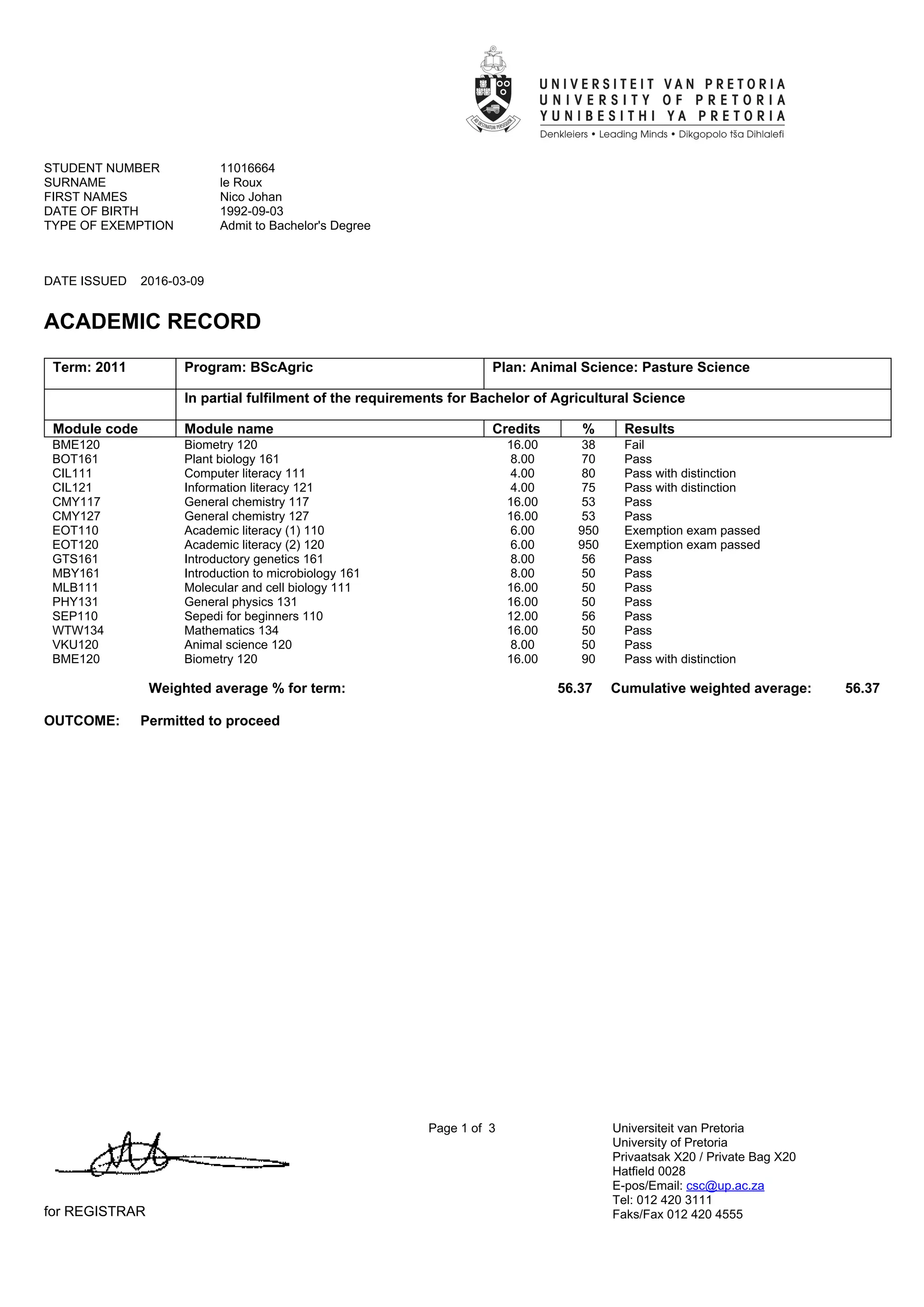 NJ le Roux BSc Agric Academic record | PDF