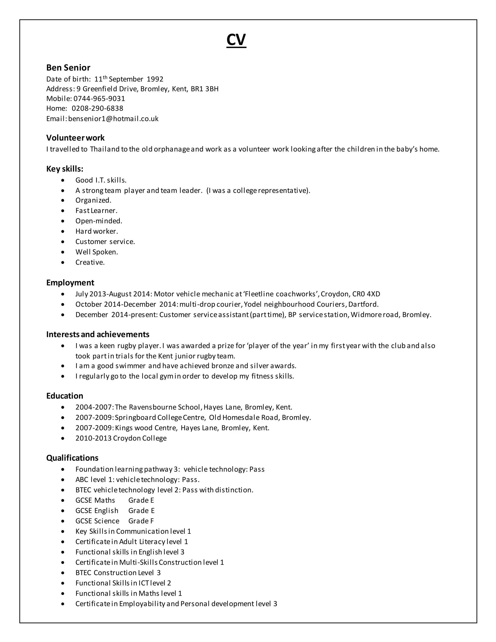 ben senior cv new 2015 | DOCX | Education