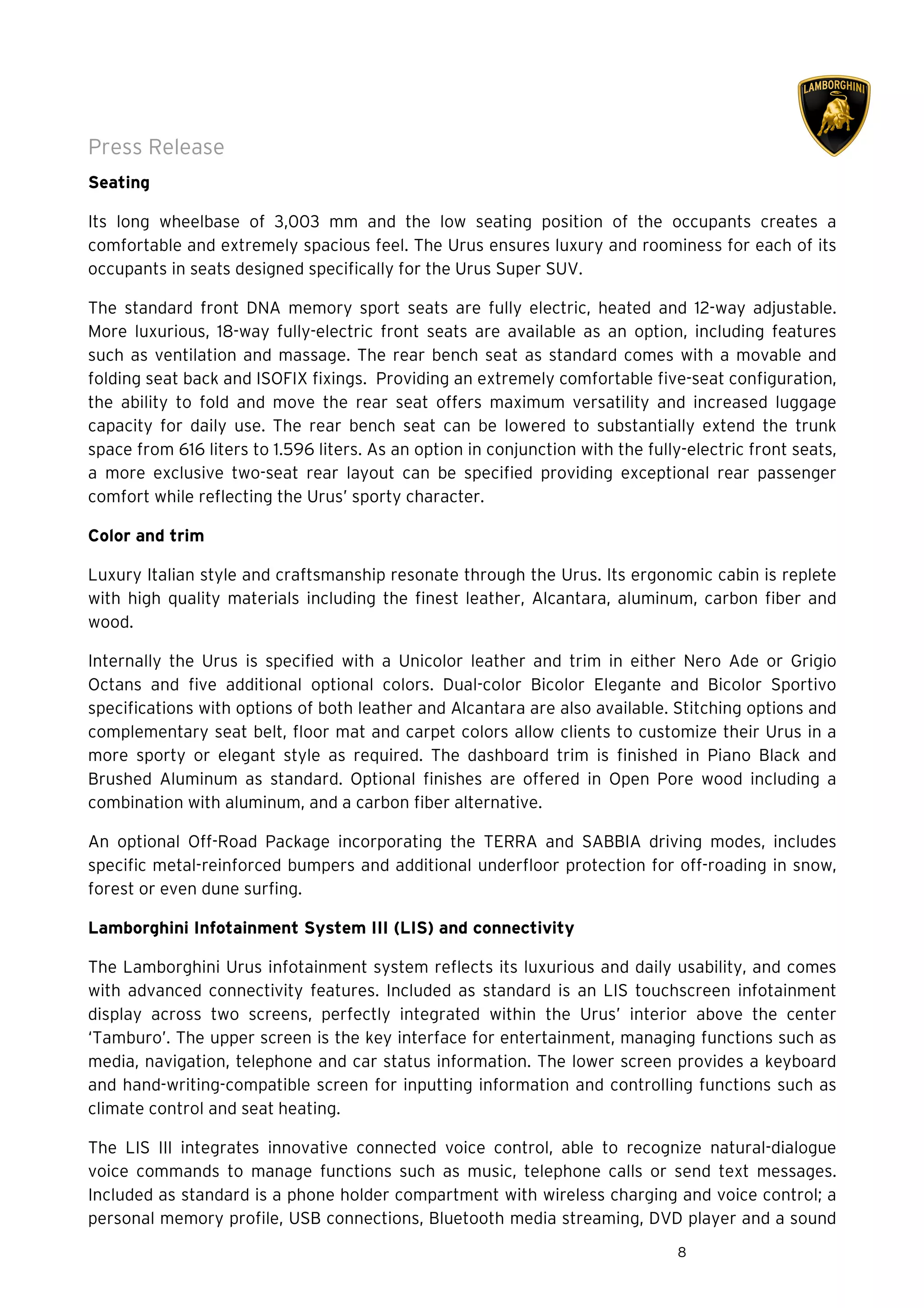 Lamborghini URUS - Launch Press Release | PDF