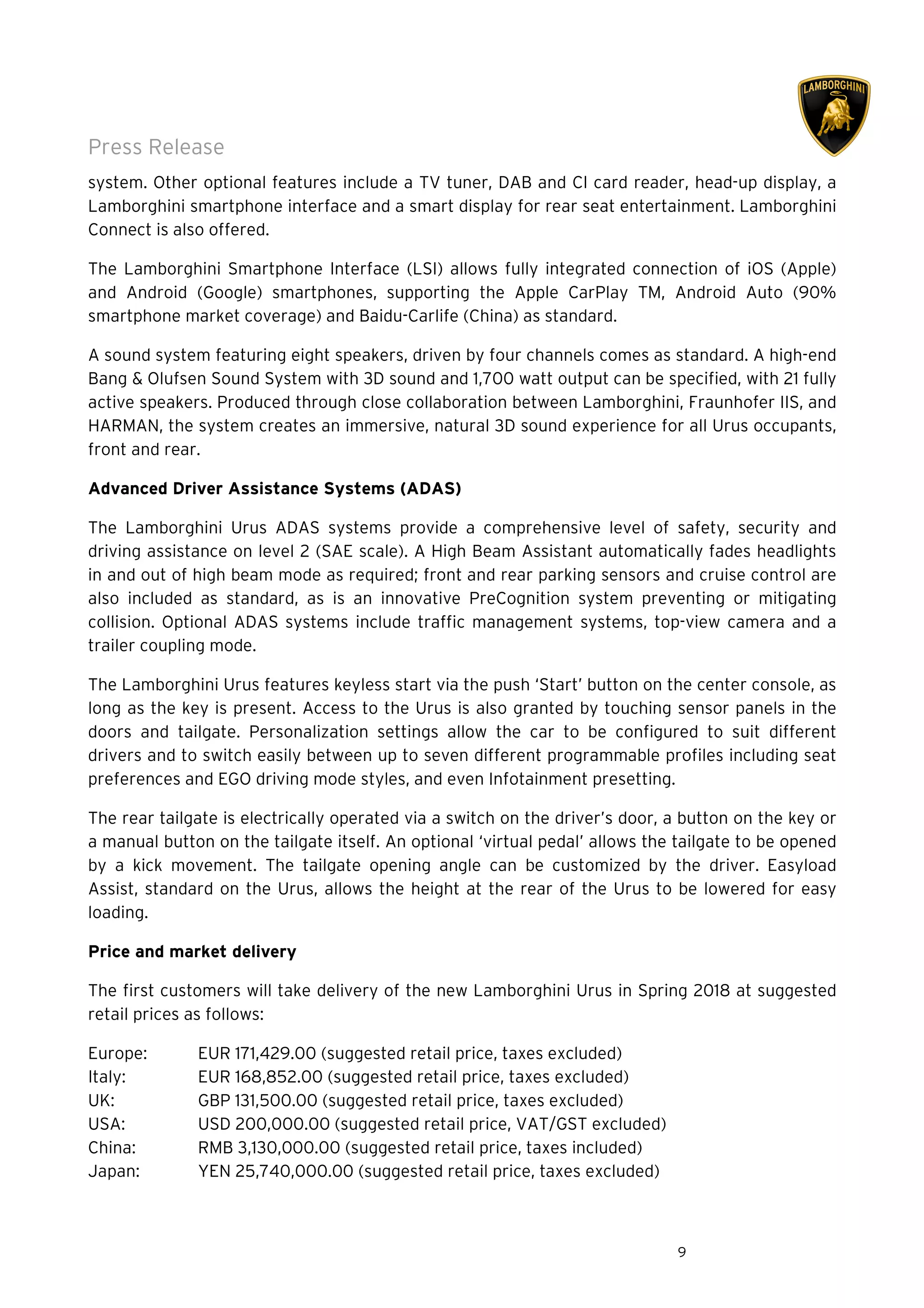 Lamborghini URUS - Launch Press Release | PDF