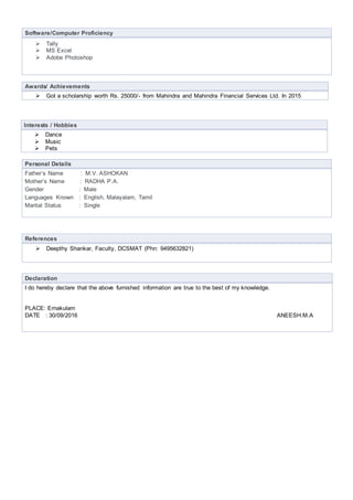 Anish Resume updated on 17.10.16