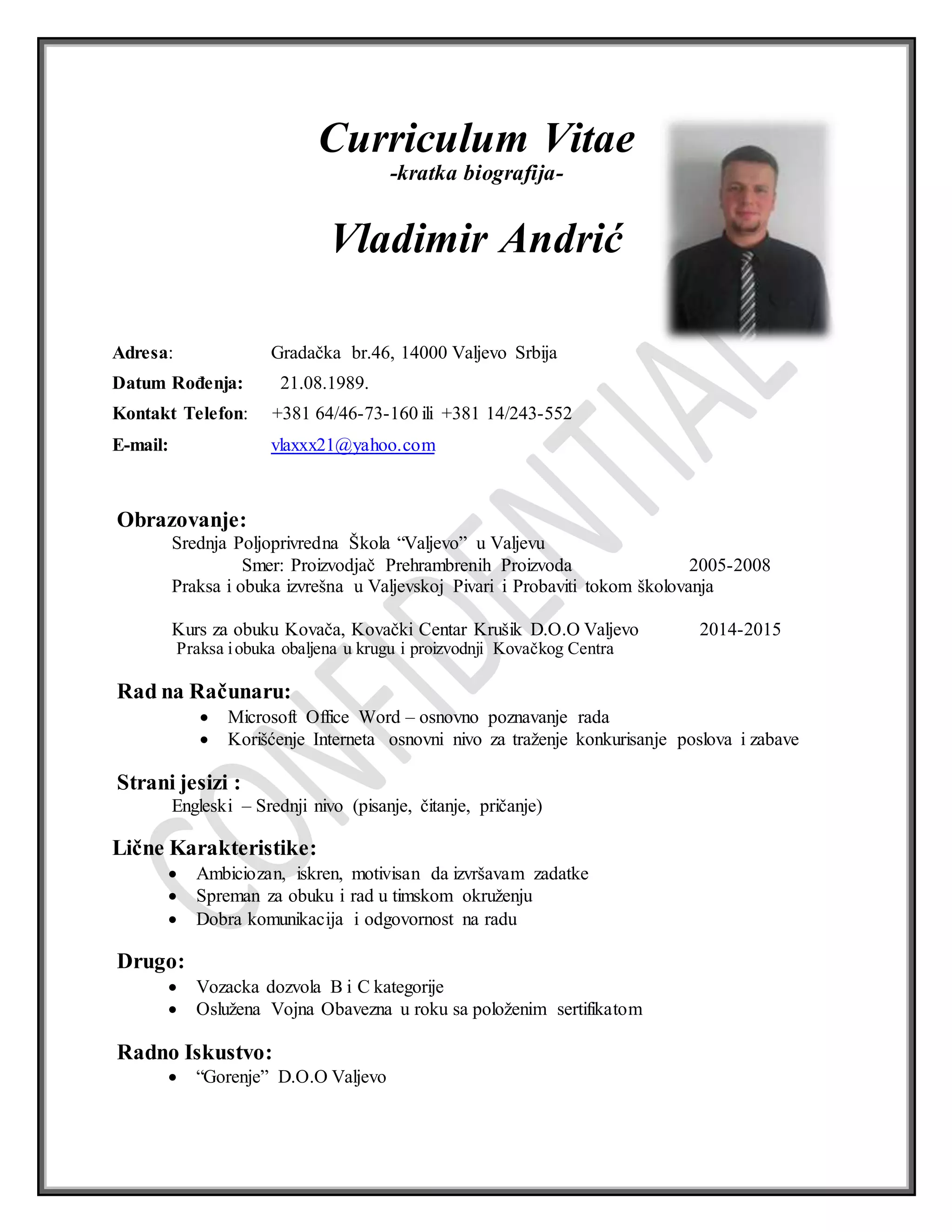 Vladimir Andric CV 2016 | DOCX