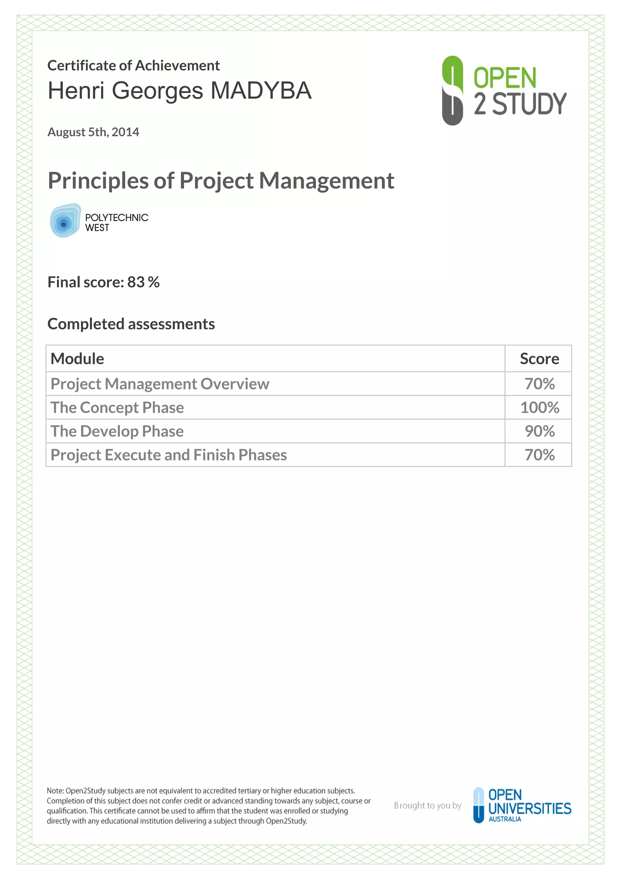 Certificate of Achievement in Principles of Project Management | PDF