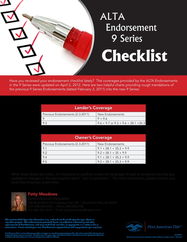 ALTA 9 Checklist Endorsements | PDF | Insurance | Personal Finance