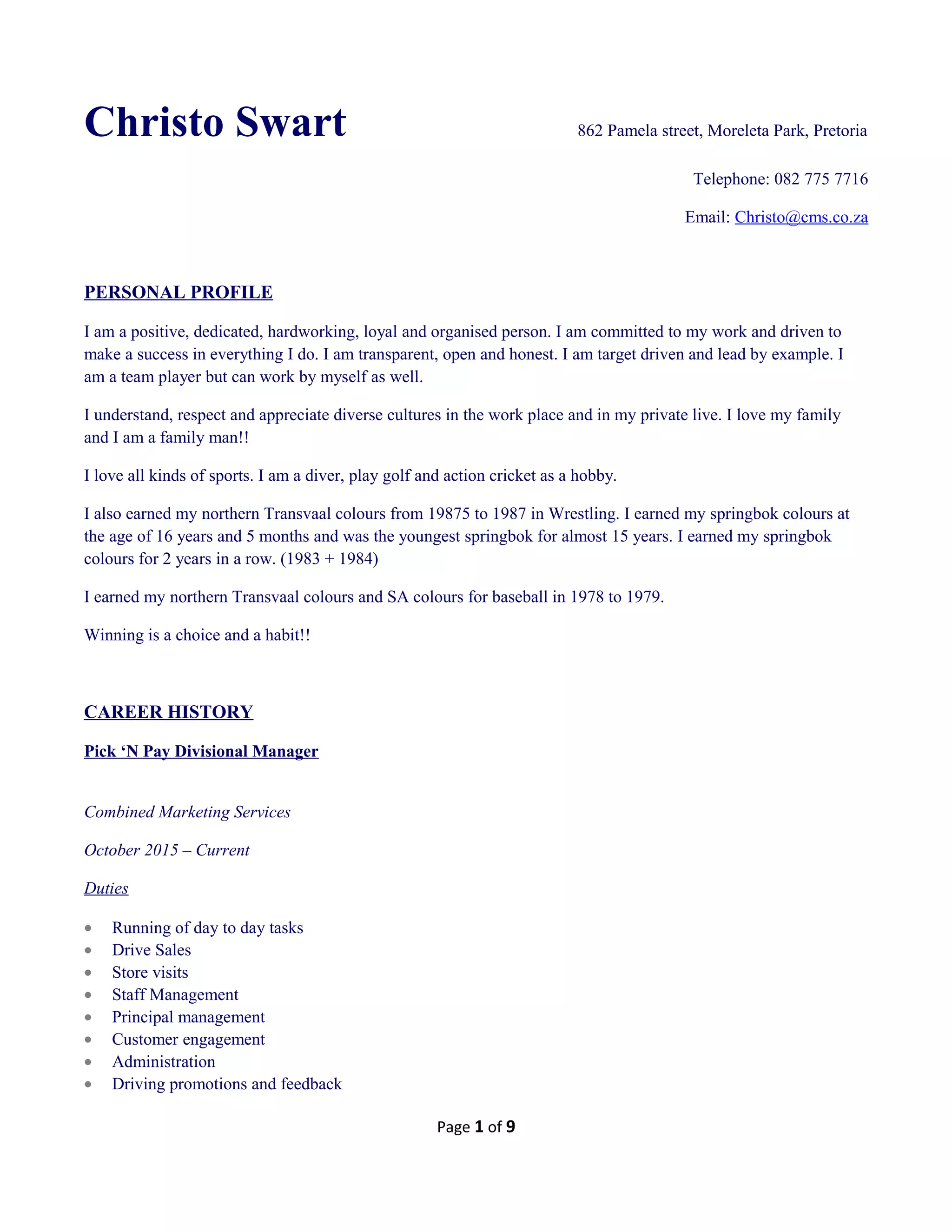 CV Christo Swart-1 | DOC | Business Administration | Business