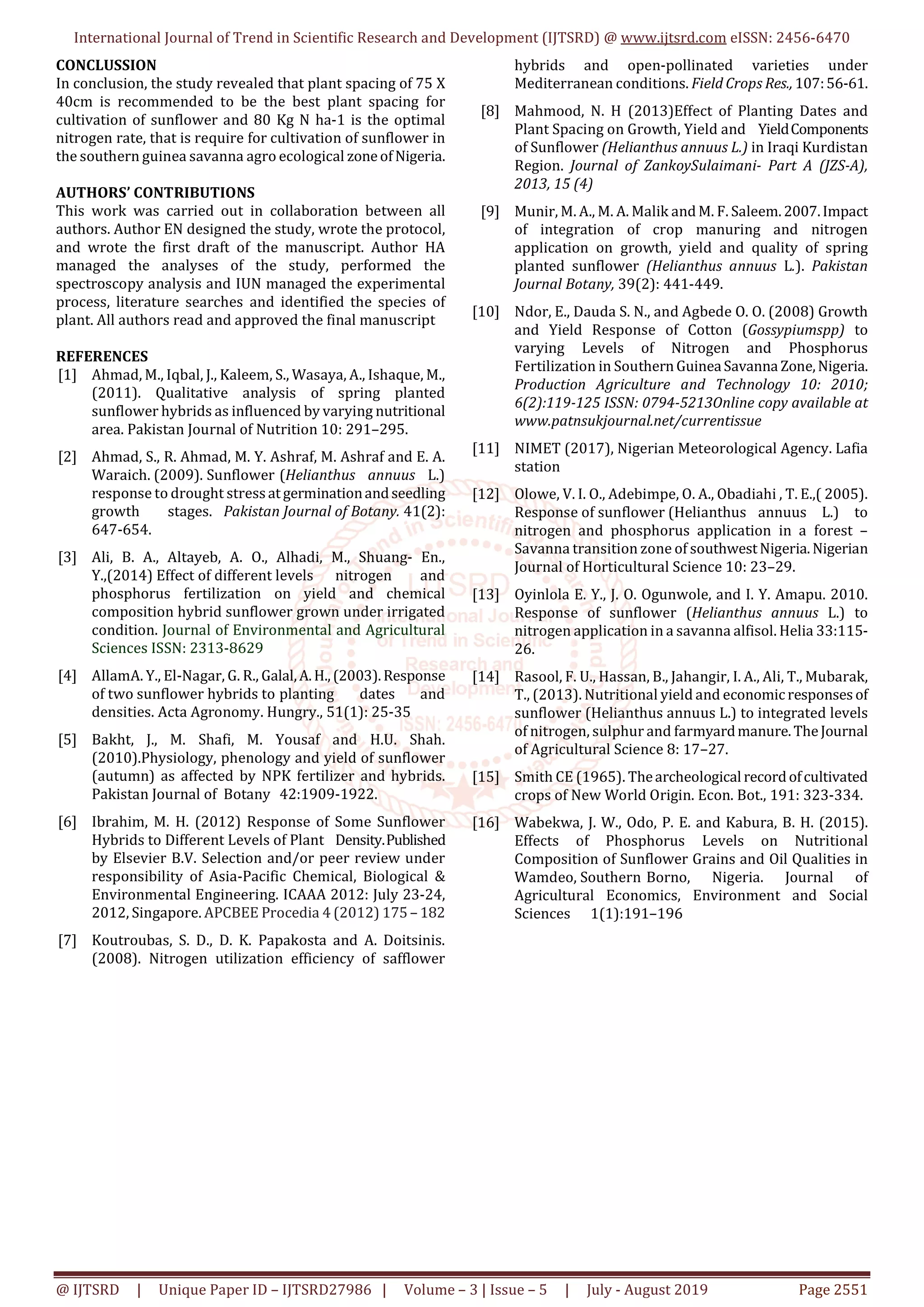 Growth and Yield Response of Sunflower Helianthus annuus l to Spacing ...