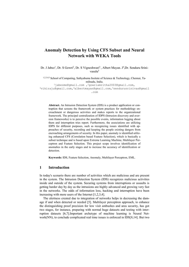 Anomaly detection by using CFS subset and neural network with WEKA tools | PDF