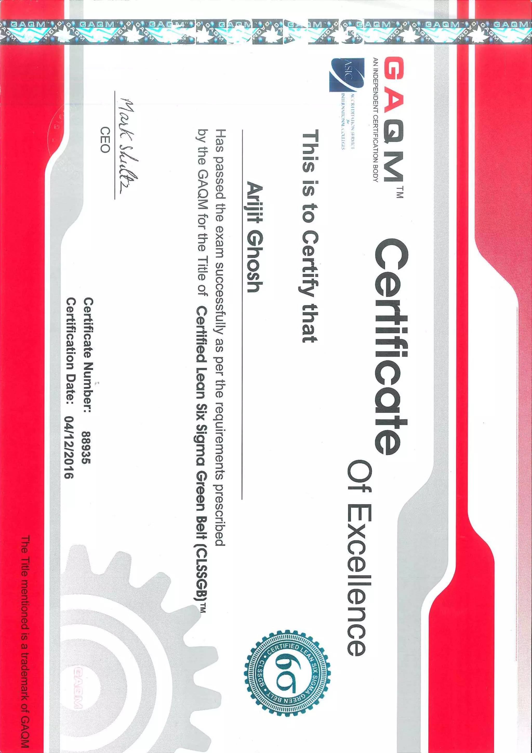Lean Six Sigma Green Belt Certificate by GAQM | PDF