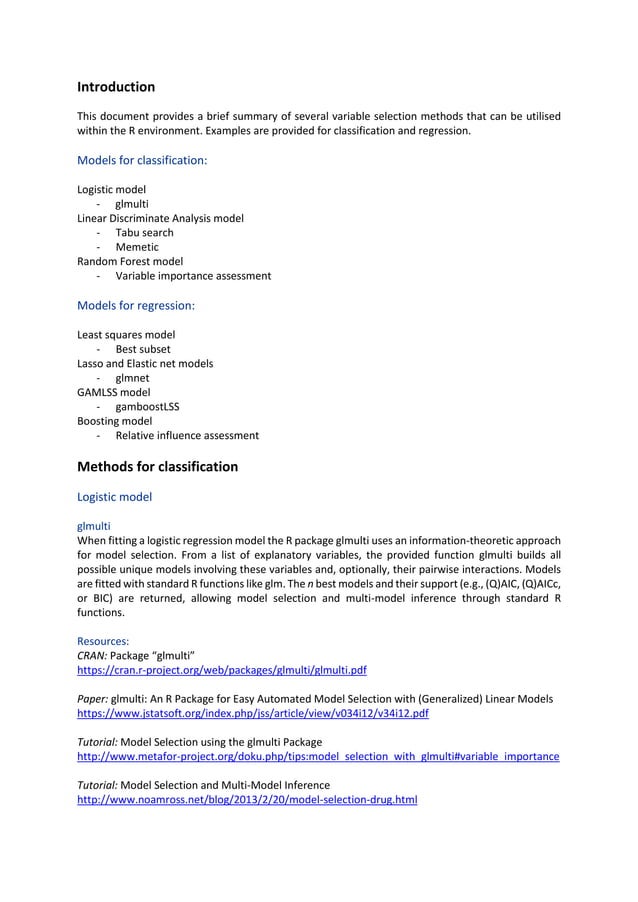 Variable Selection For Classification And Regression Using R Pdf