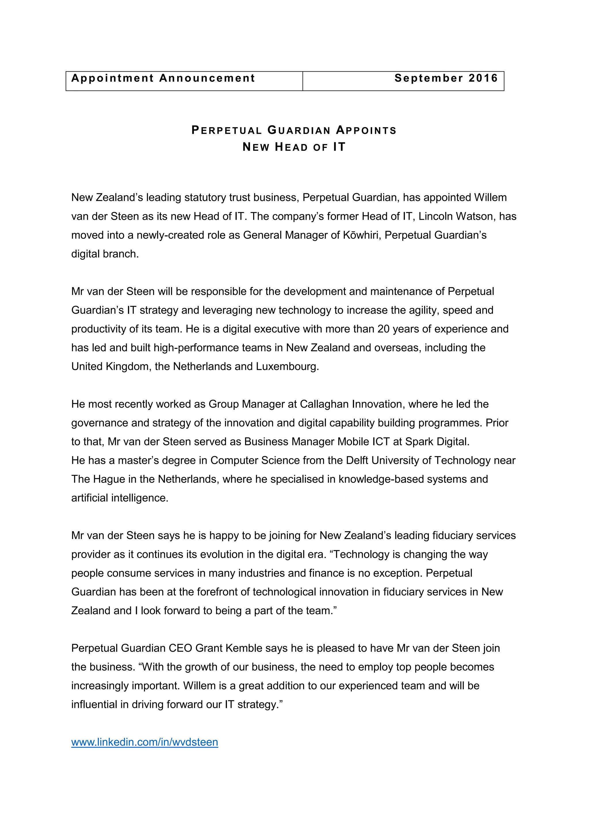 Perpetual Guardian appointment announcement Willem van der Steen ...