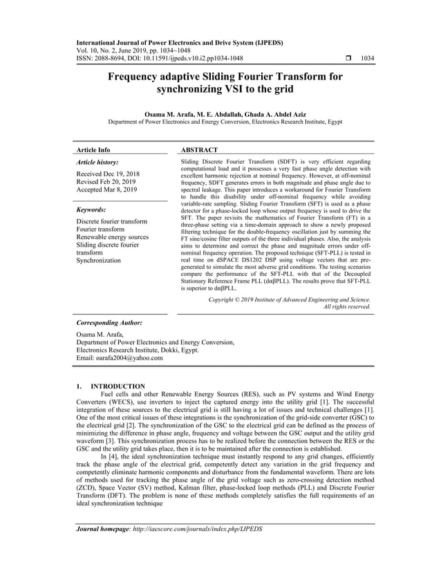 Frequency adaptive sliding fourier transform for synchronizing VSI to the grid | PDF