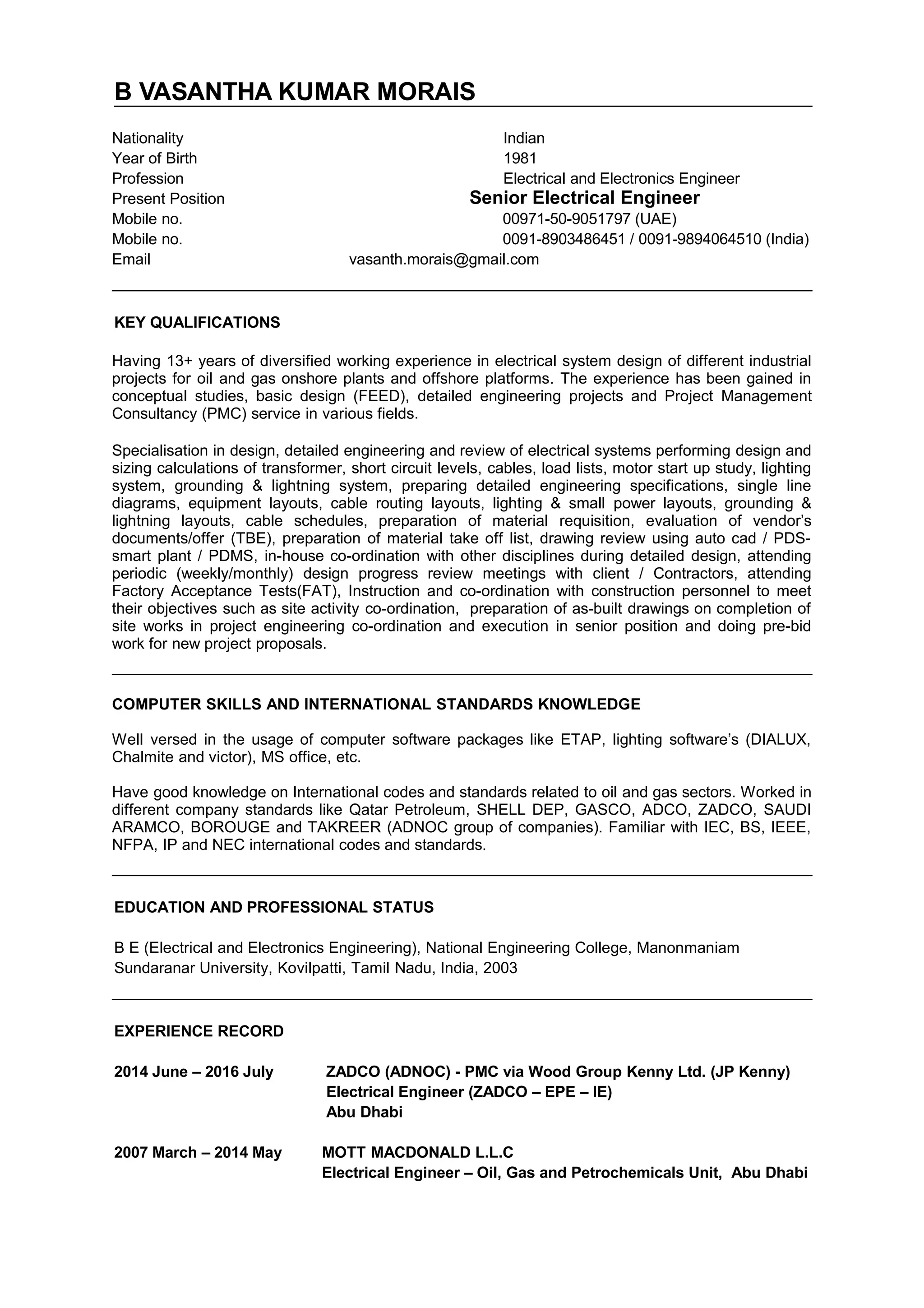 Vasanth_Electrical Engineer_CV_new | PDF