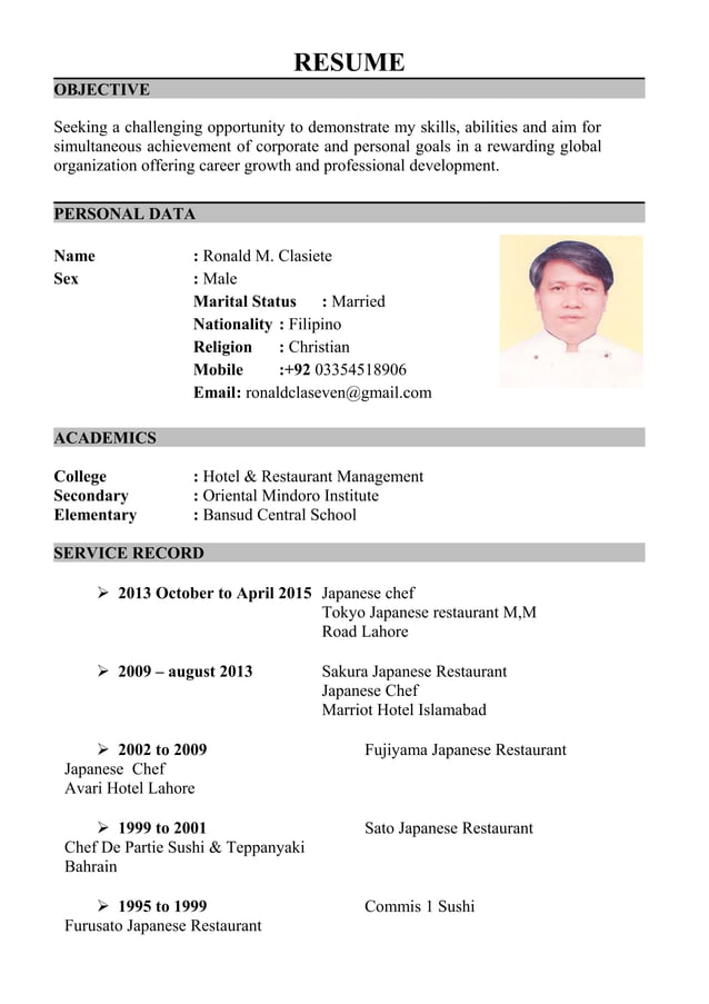 RONALD CV | DOC | Food & Drink