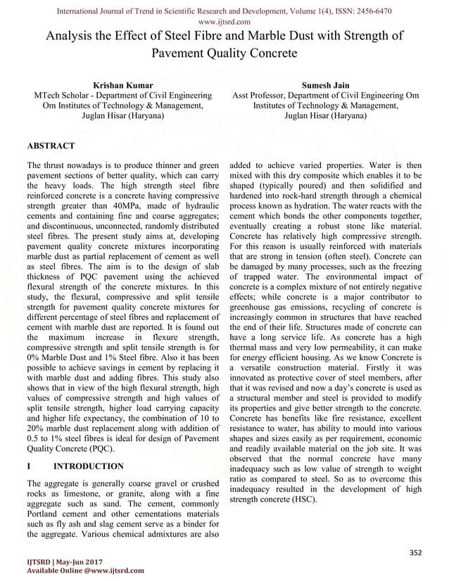 Analysis the Effect of Steel Fibre and Marble Dust with Strength of Pavement Quality Concrete | PDF