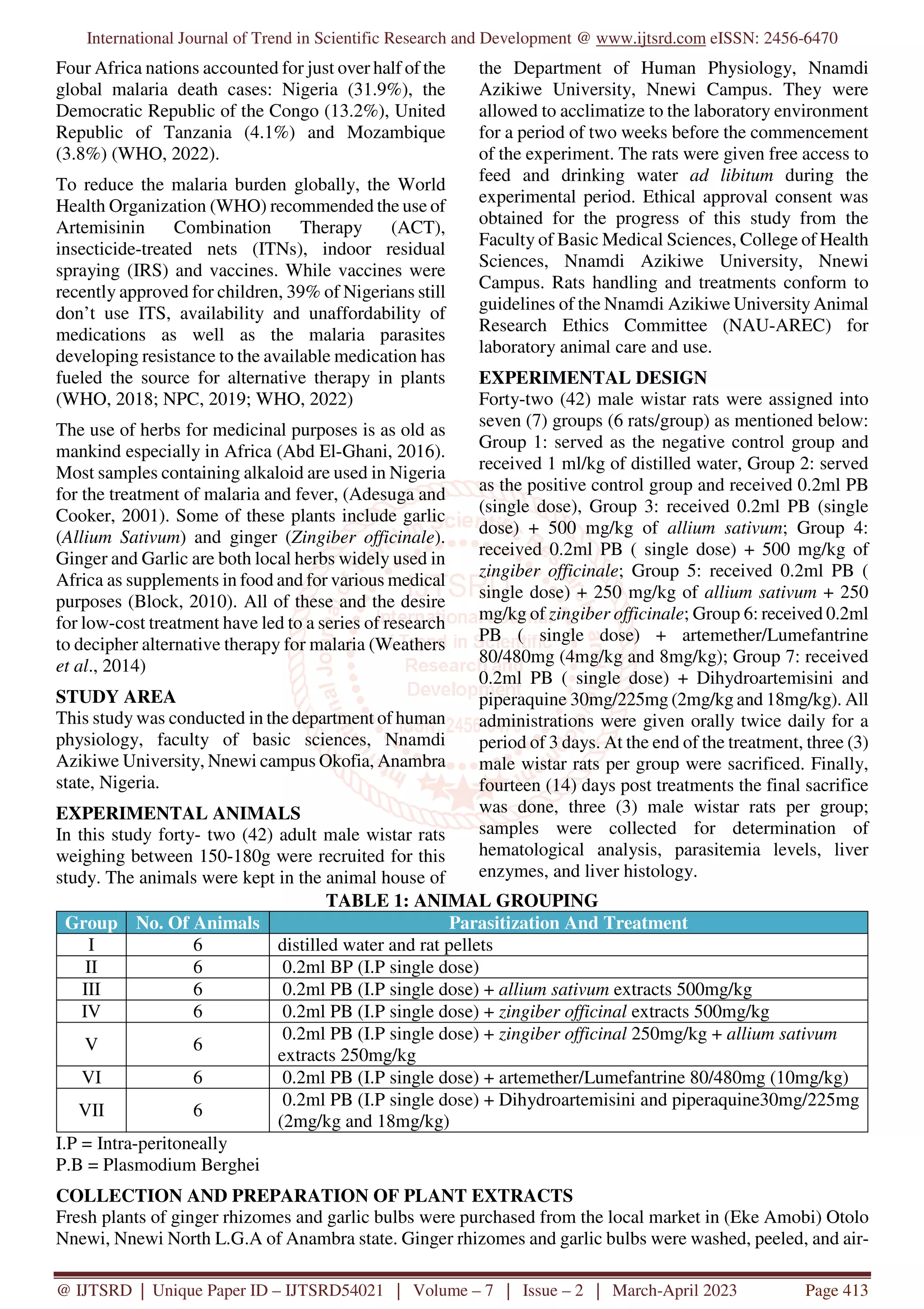Assessment of Allium Sativum, Zingiber Officinal Extracts on Plasmodium ...