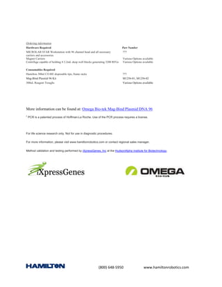 Hamilton Omega-Biotek Plasmid MagBead Application System Overview | PDF