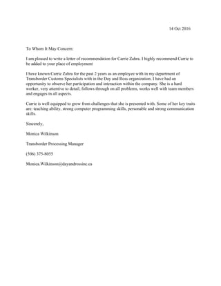 Reference Letter Carrie Zahra | PDF