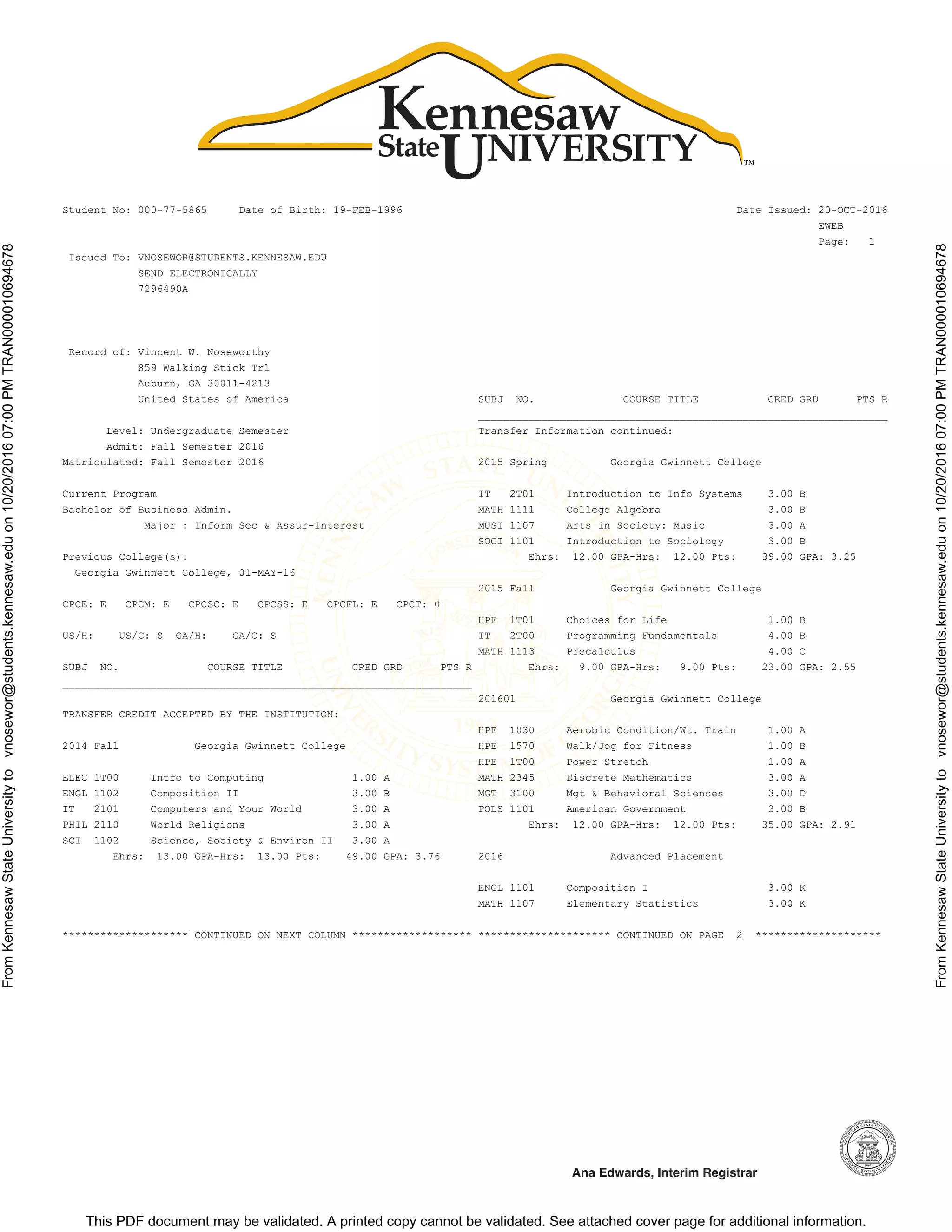 10_20_2016 Vincent Noseworthy Transcript | PDF