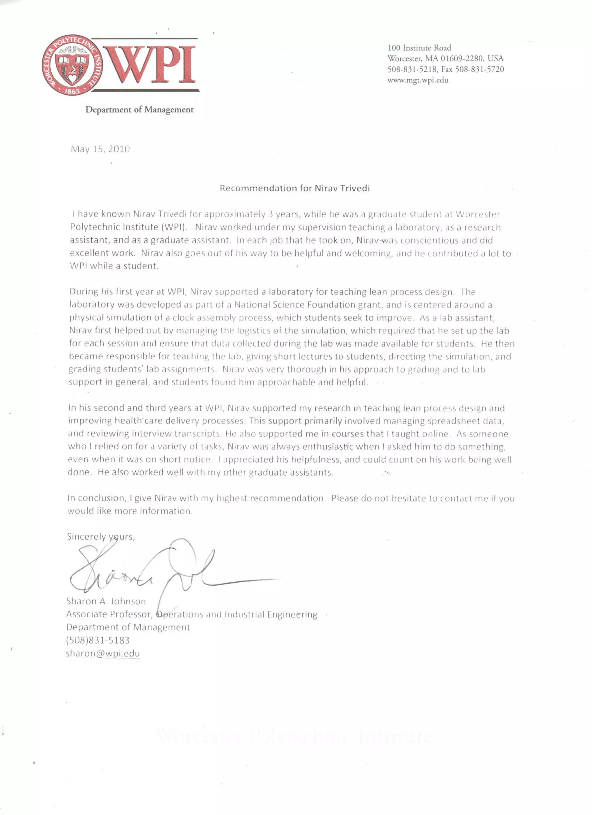 WPI - Letter of Recommendation | PDF