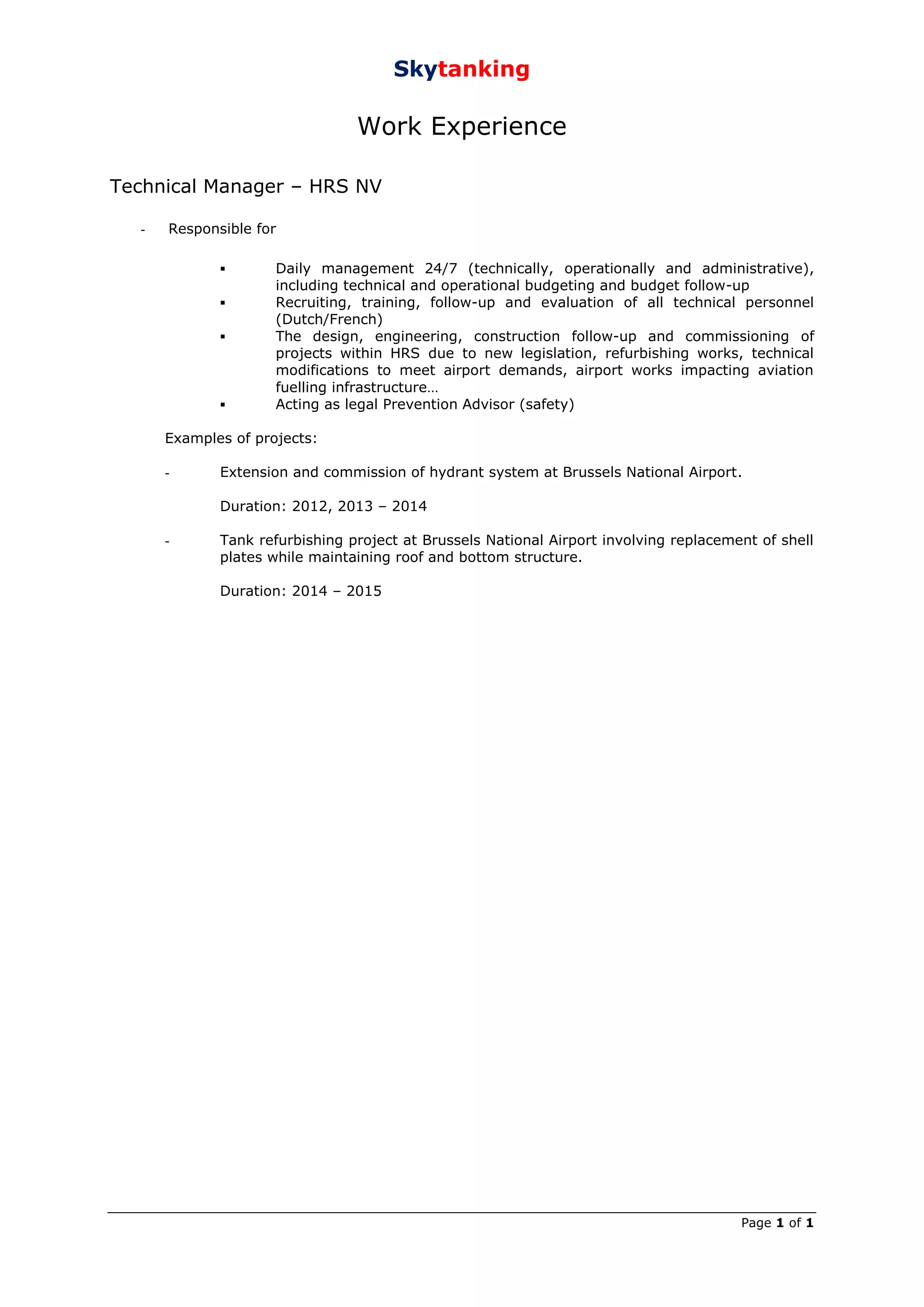 Work Experience - Technical Manager - HRS NV - Bart Kinnaert | PDF