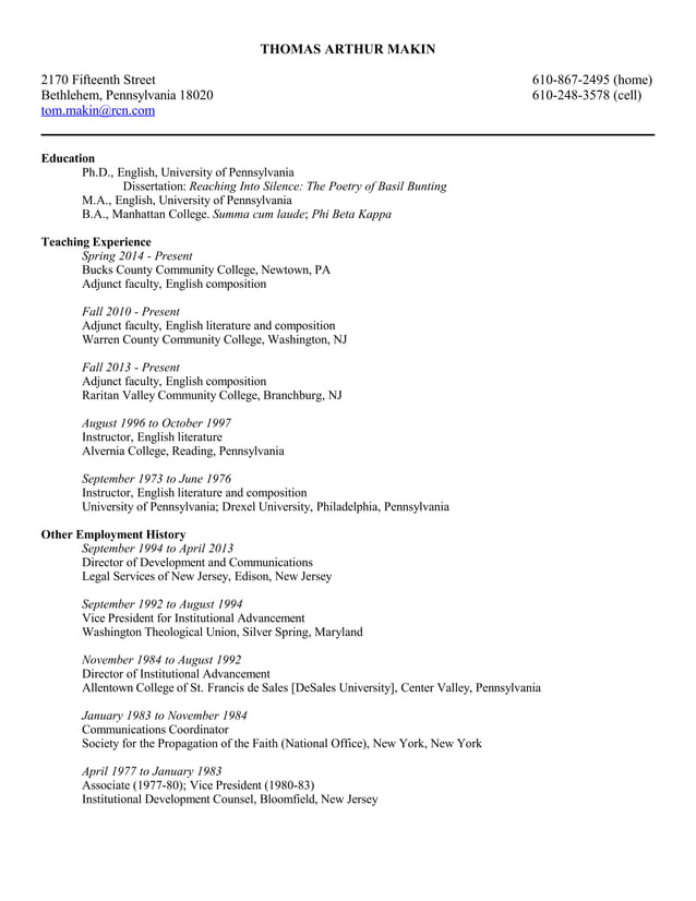 Resume - Thomas A Makin - 2016 | DOC | College Education | Education